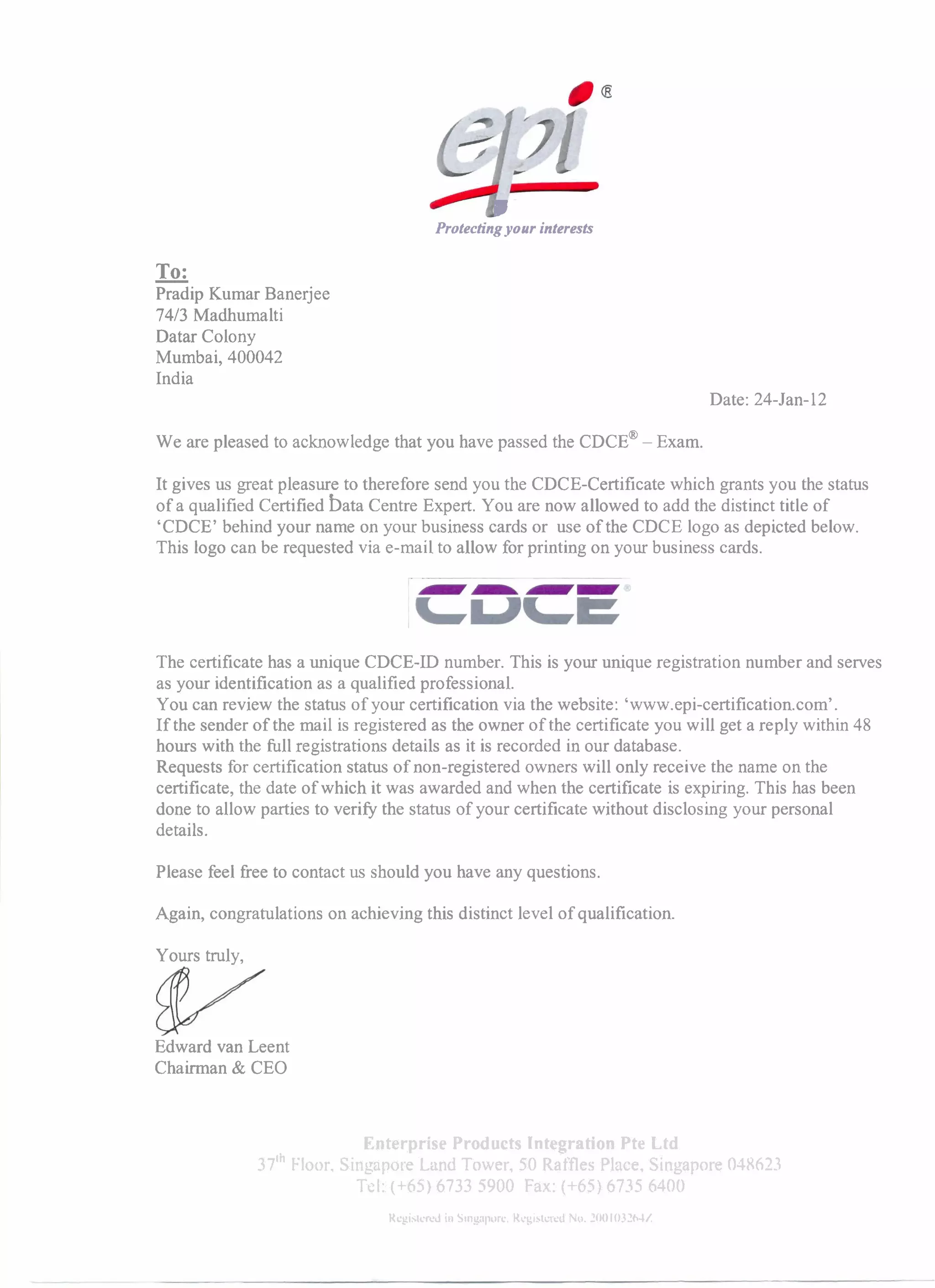 CDCE Certificate of P K Banerjee.PDF