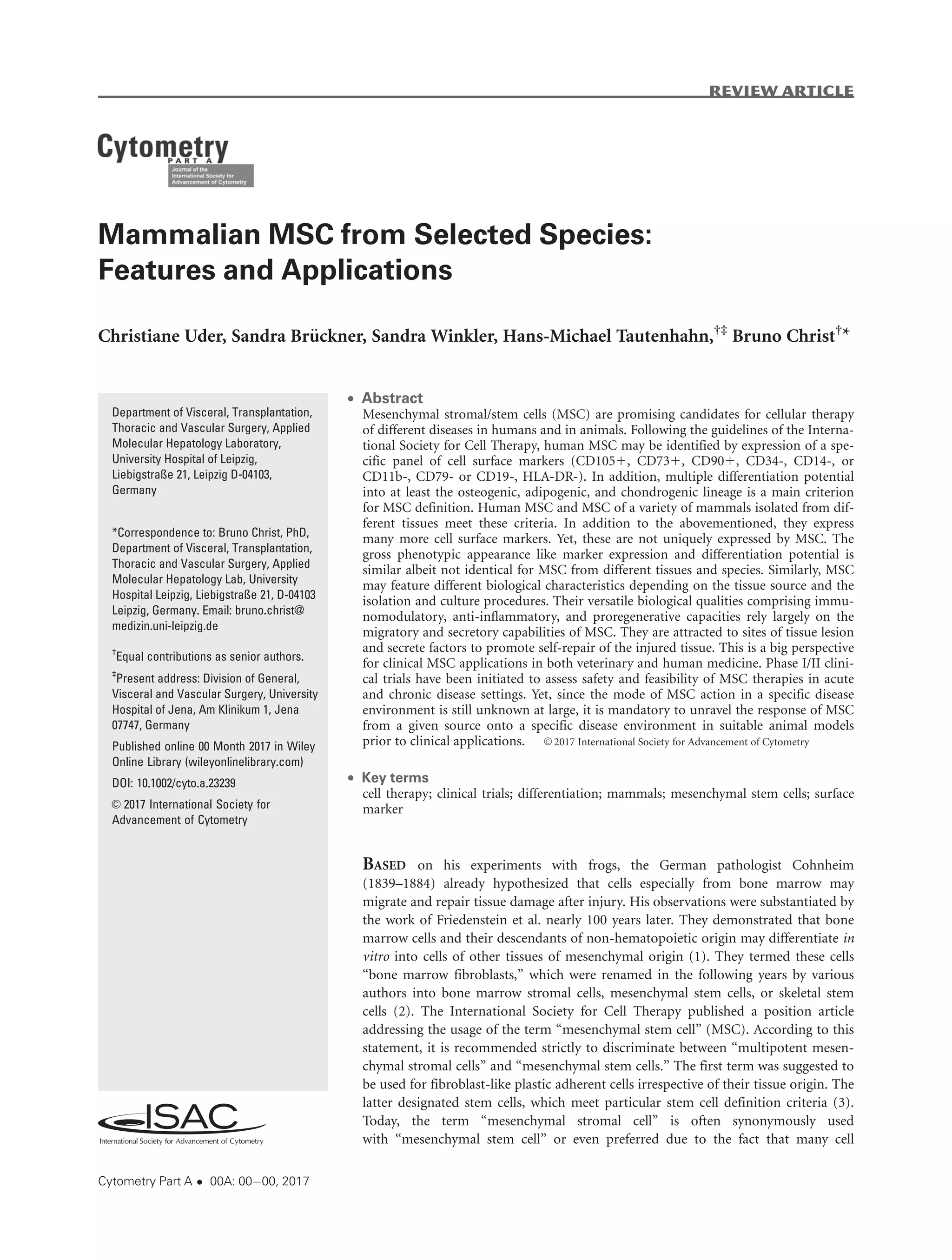 Mammalian MSC from Selected Species: Features and Applications Christiane Uder, Sandra Br€uckner ...