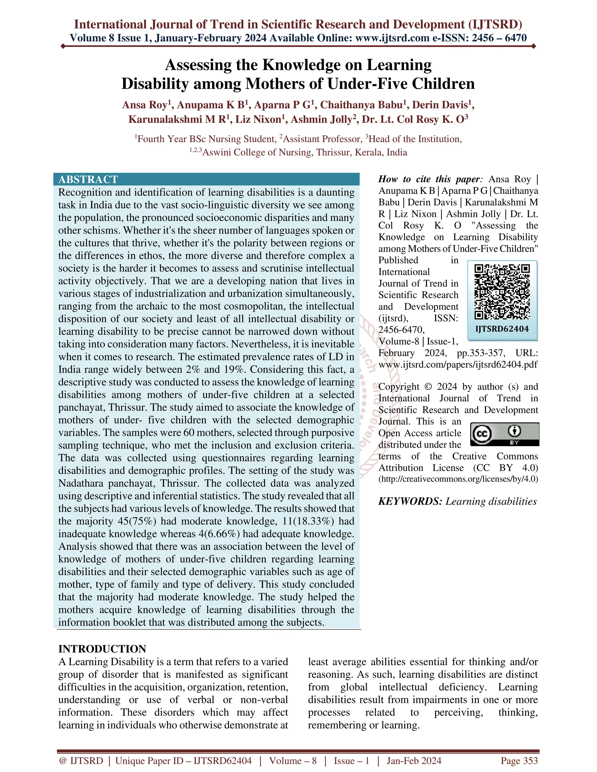 Assessing the Knowledge on Learning Disability among Mothers of Under Five Children | PDF