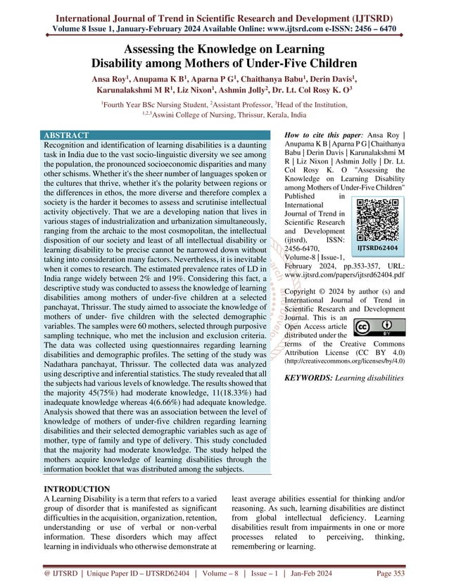 Assessing the Knowledge on Learning Disability among Mothers of Under ...