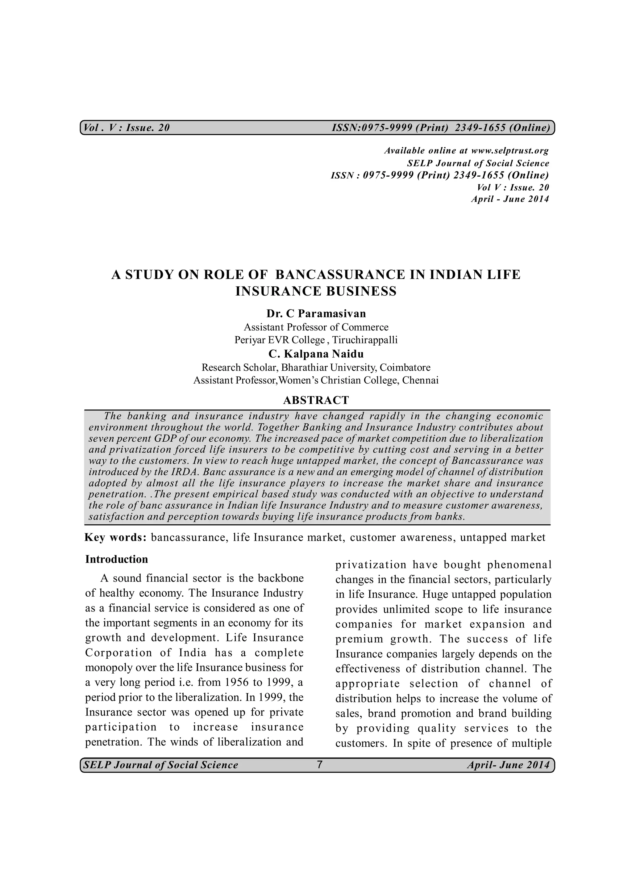 56 a study on role of bank assurance in indian life insurance business ...