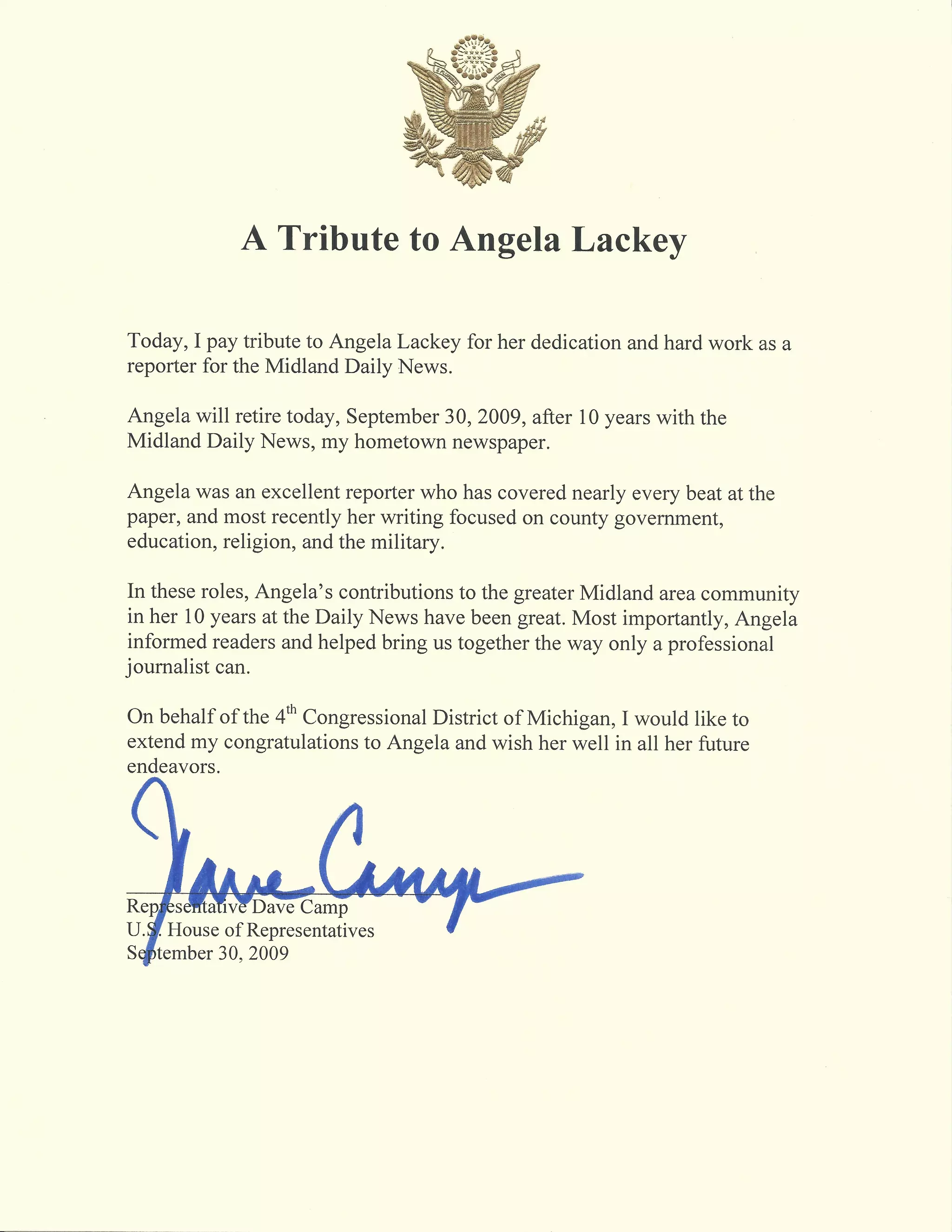Angela Letter from Dave Camp, U.S. House of Representatives | PDF