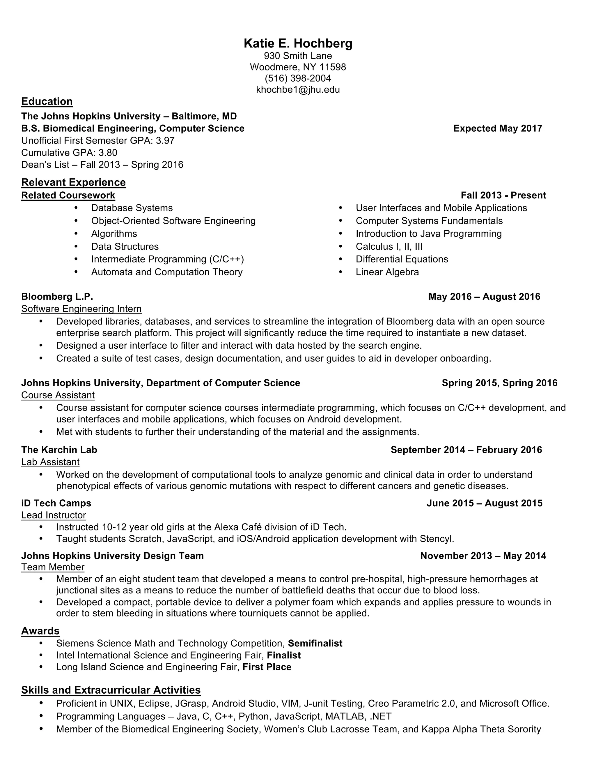 Katie Hochberg Resume | PDF | Programming Languages | Computing
