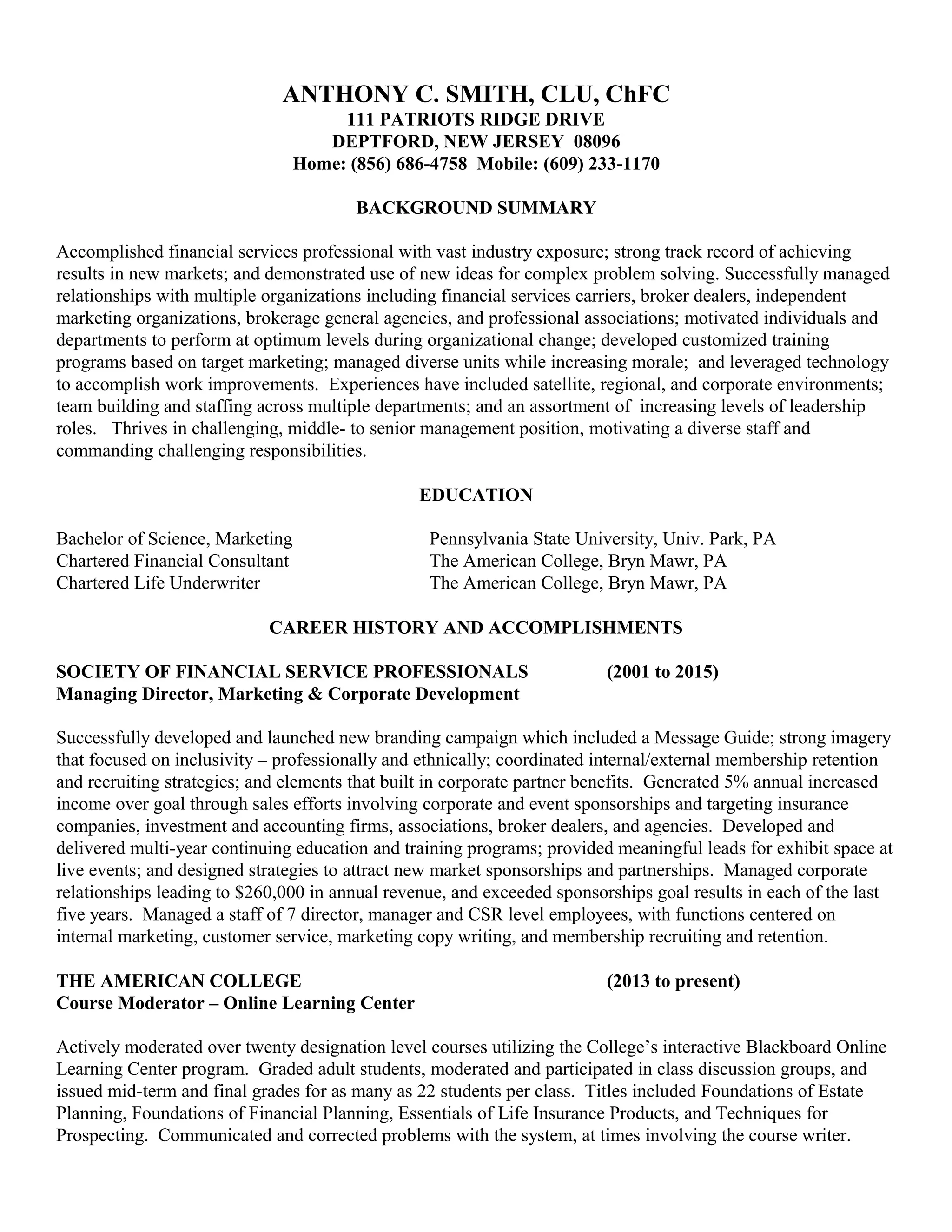 Anthony C Smith Resume 2016 | PDF | Business Administration | Business