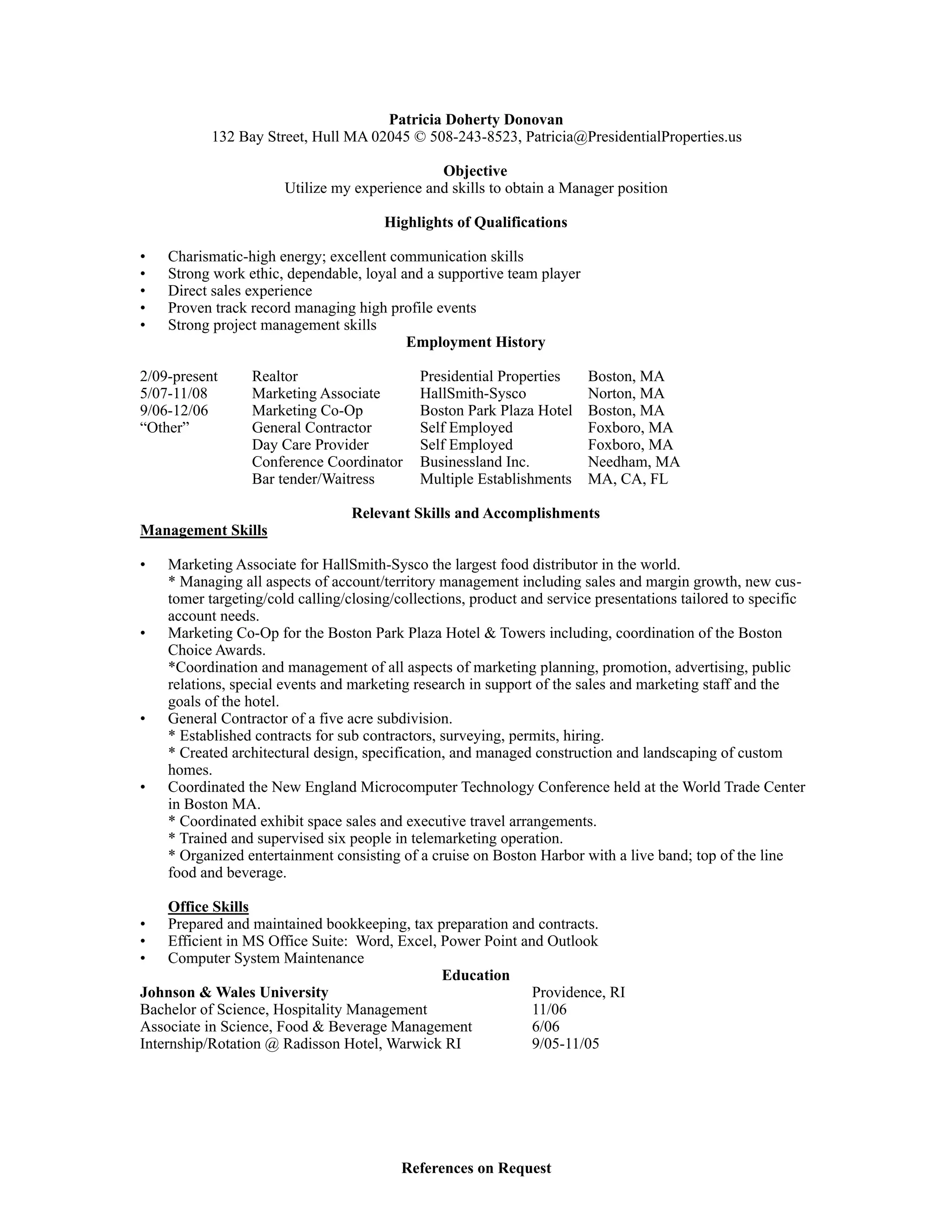 Patricia Doherty Donovan's Manager Resume | PDF