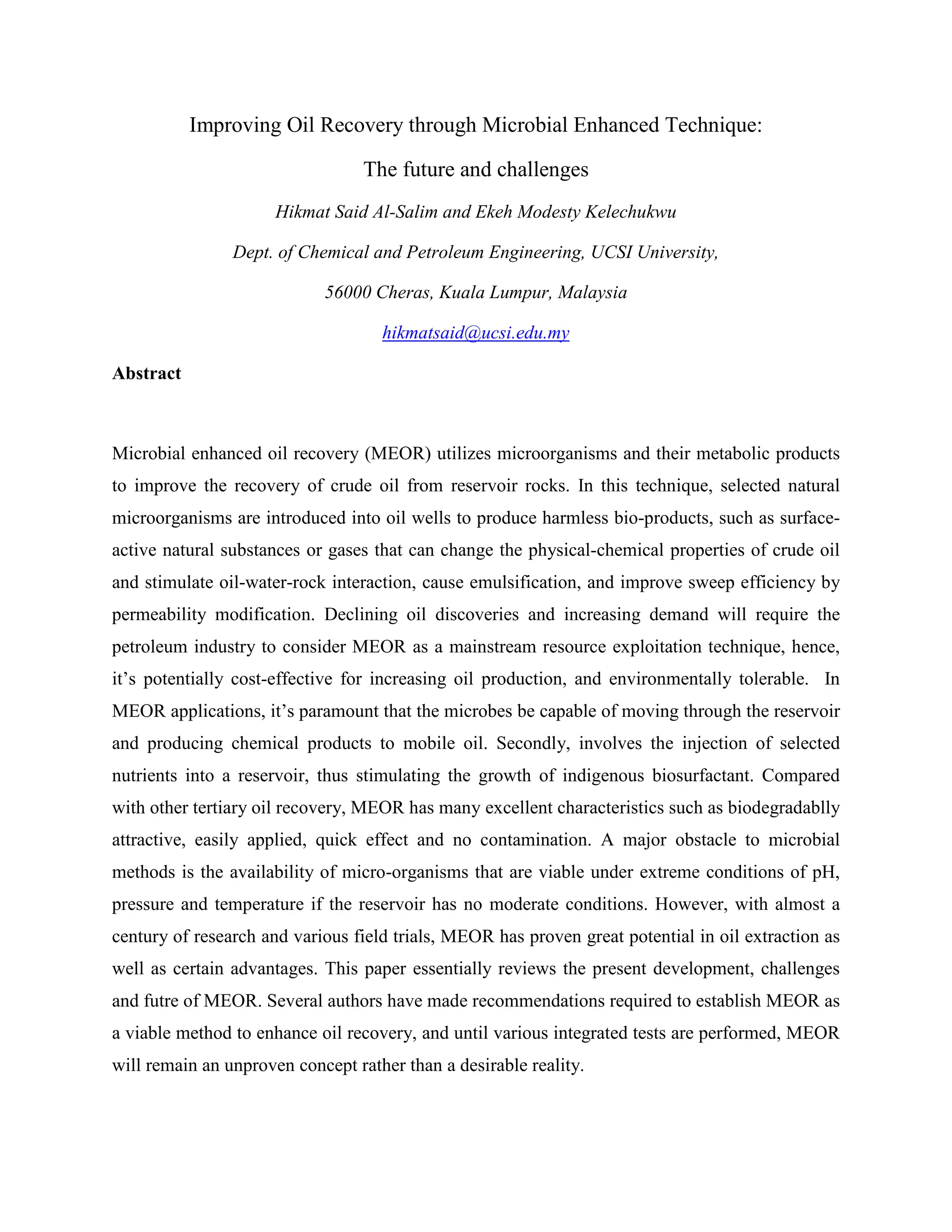 Improving Oil Recovery through Microbial Enhanced Technique | PDF