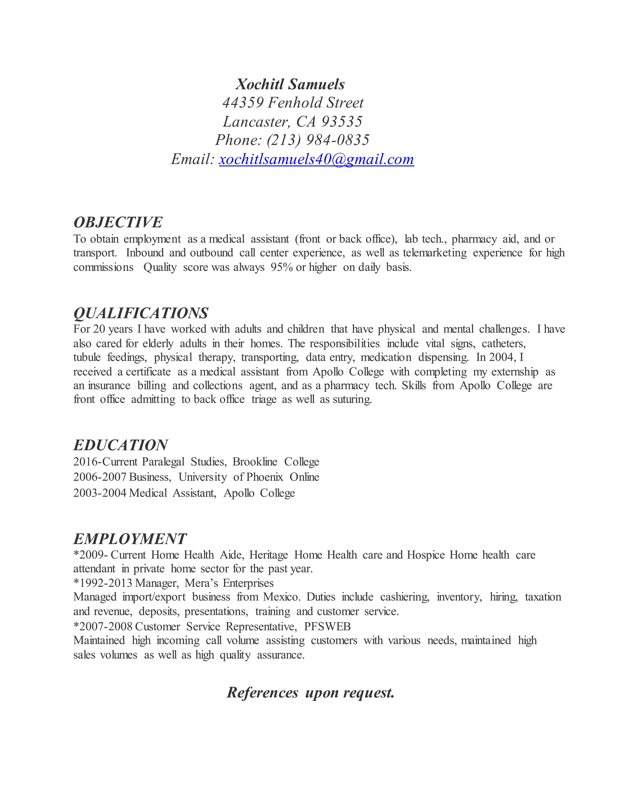 Xochitl Samuels RESUME MEDICAL ASSISTANT 2016 | DOCX