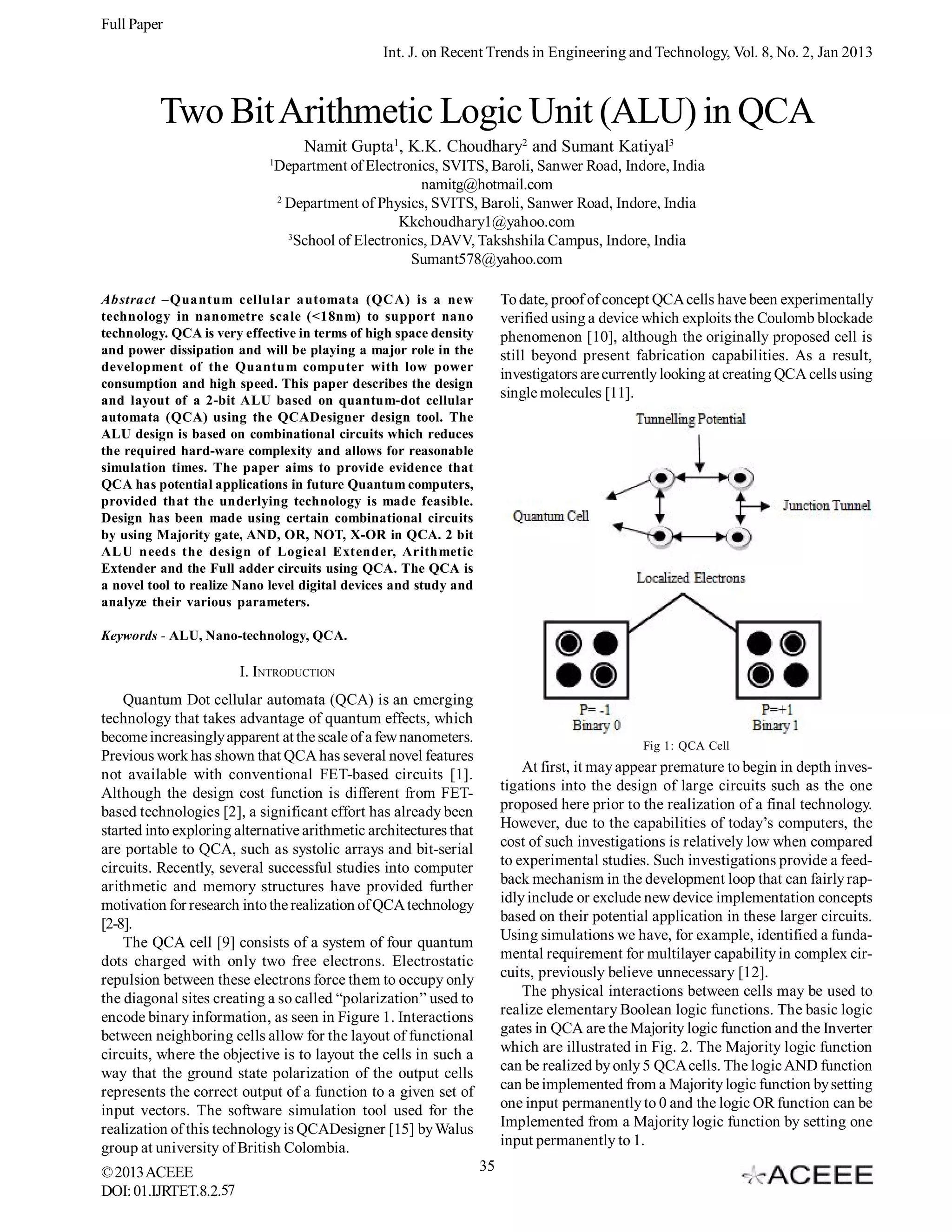 Two Bit Arithmetic Logic Unit (ALU) in QCA | PDF | Chemistry | Science