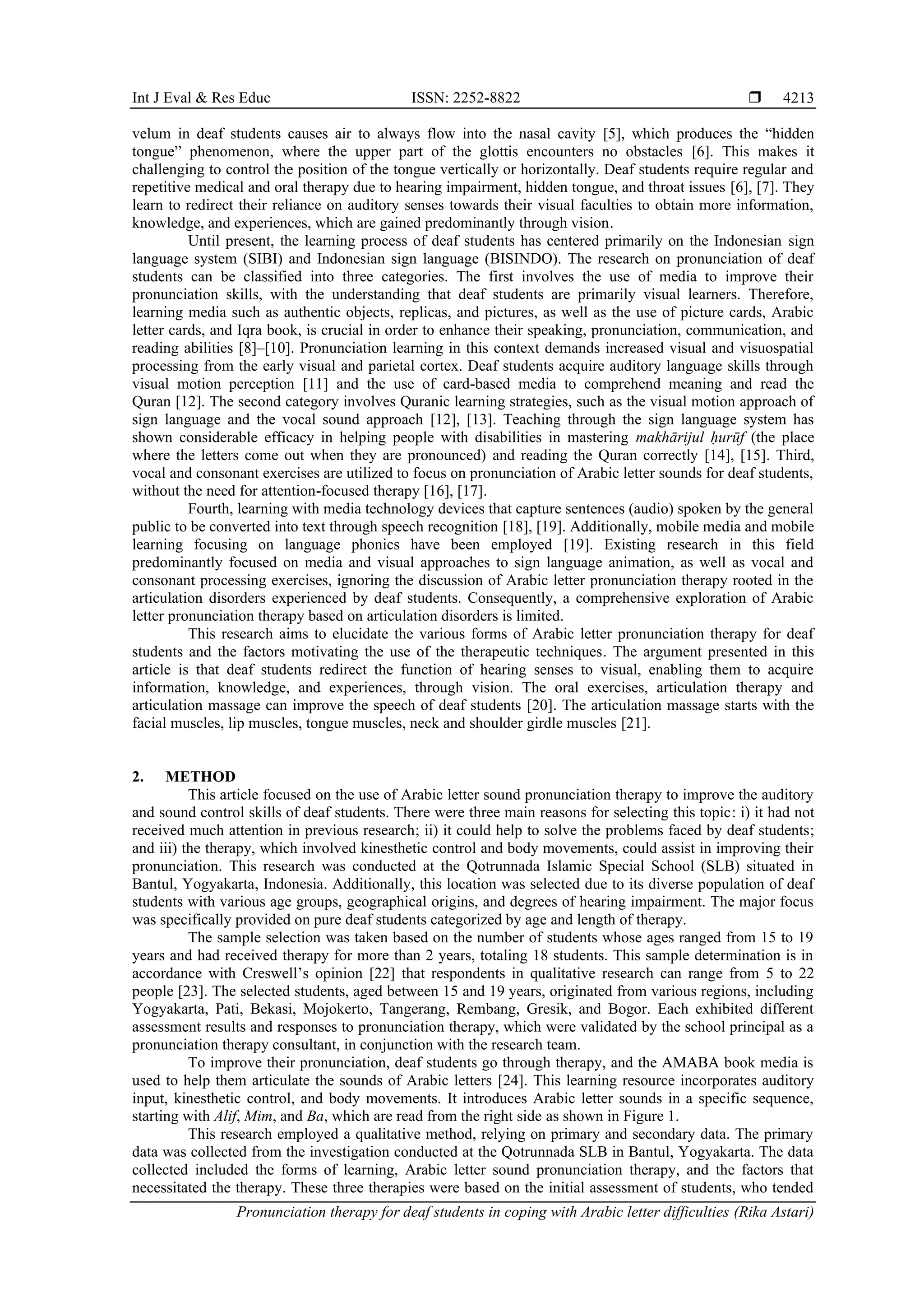 Pronunciation therapy for deaf students in coping with Arabic letter ...