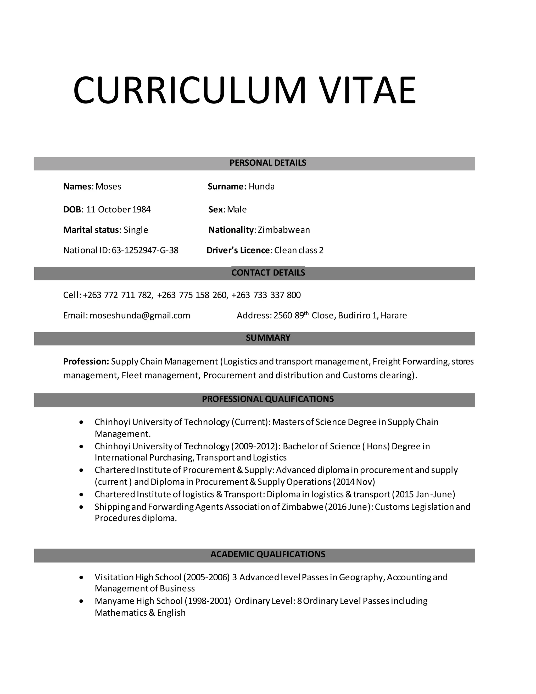 CURRICULUM VITAE moses with Masters | DOCX | Logistics | Business