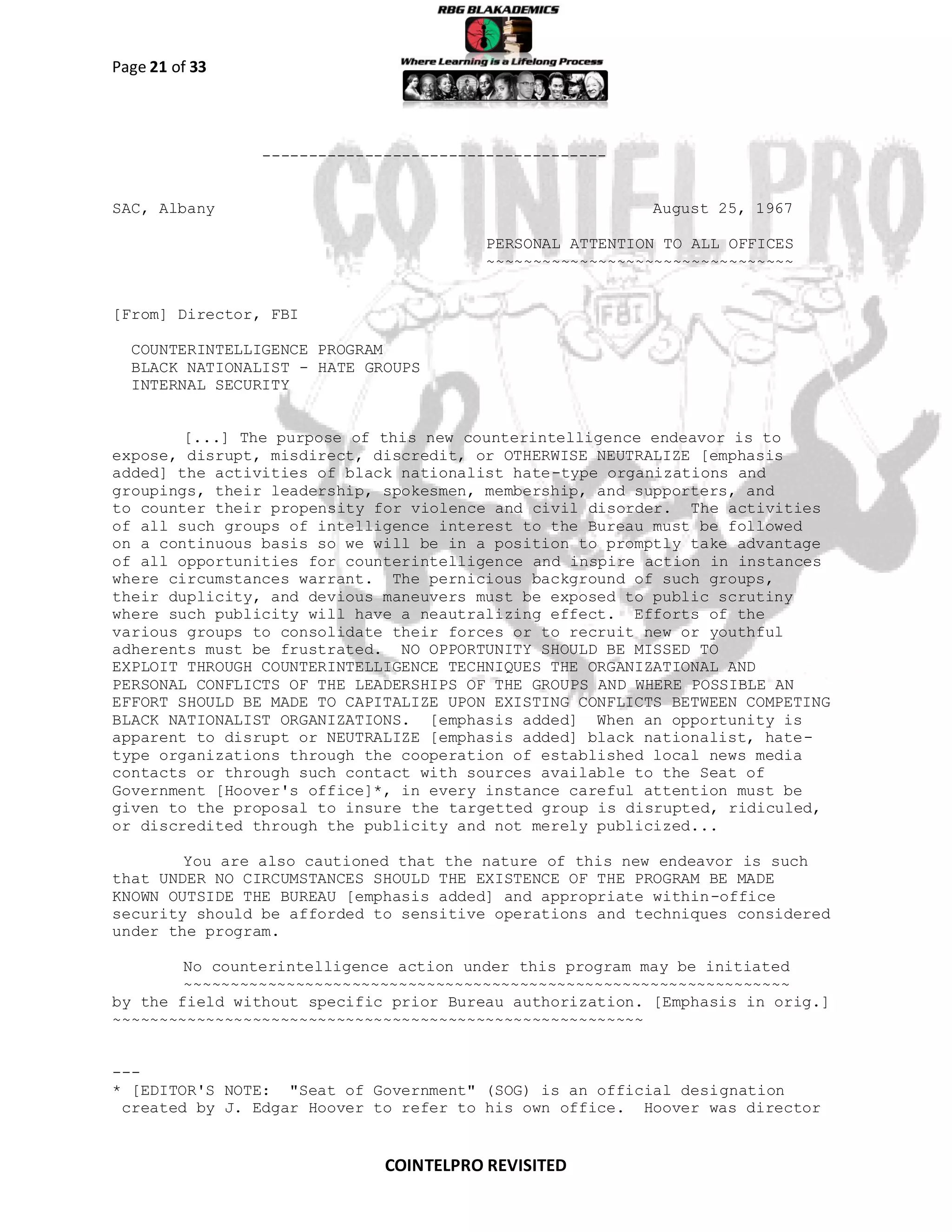 COINTELPRO REVISITED-FBI Domestic Intelligence Activities and the Sab…