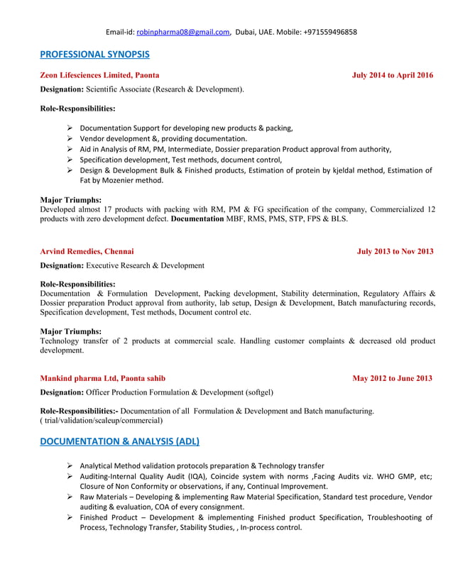 ROBIN SHARMA CV | DOC | Pharmaceutical Industry | Industries