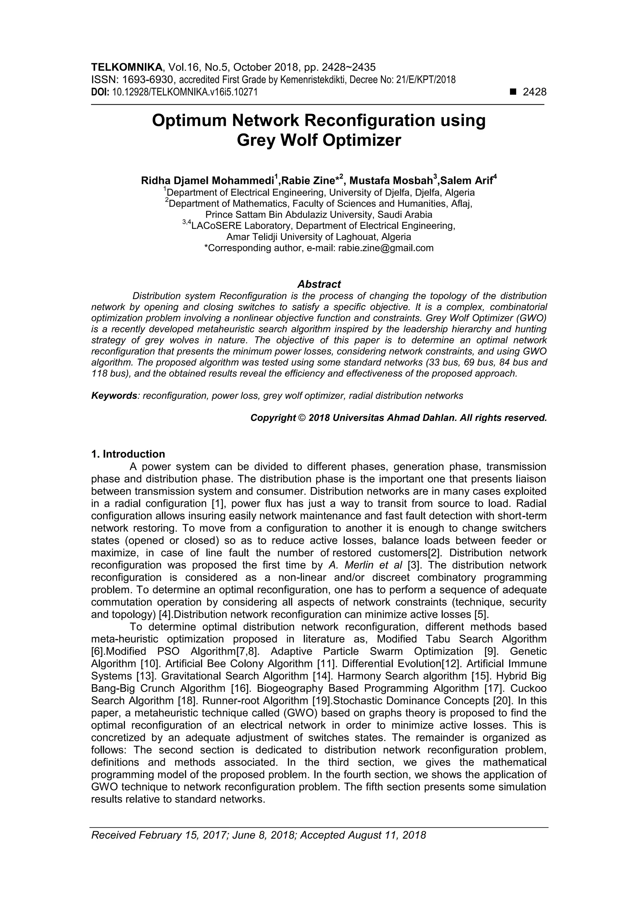 Optimum Network Reconfiguration Using Grey Wolf Optimizer Pdf