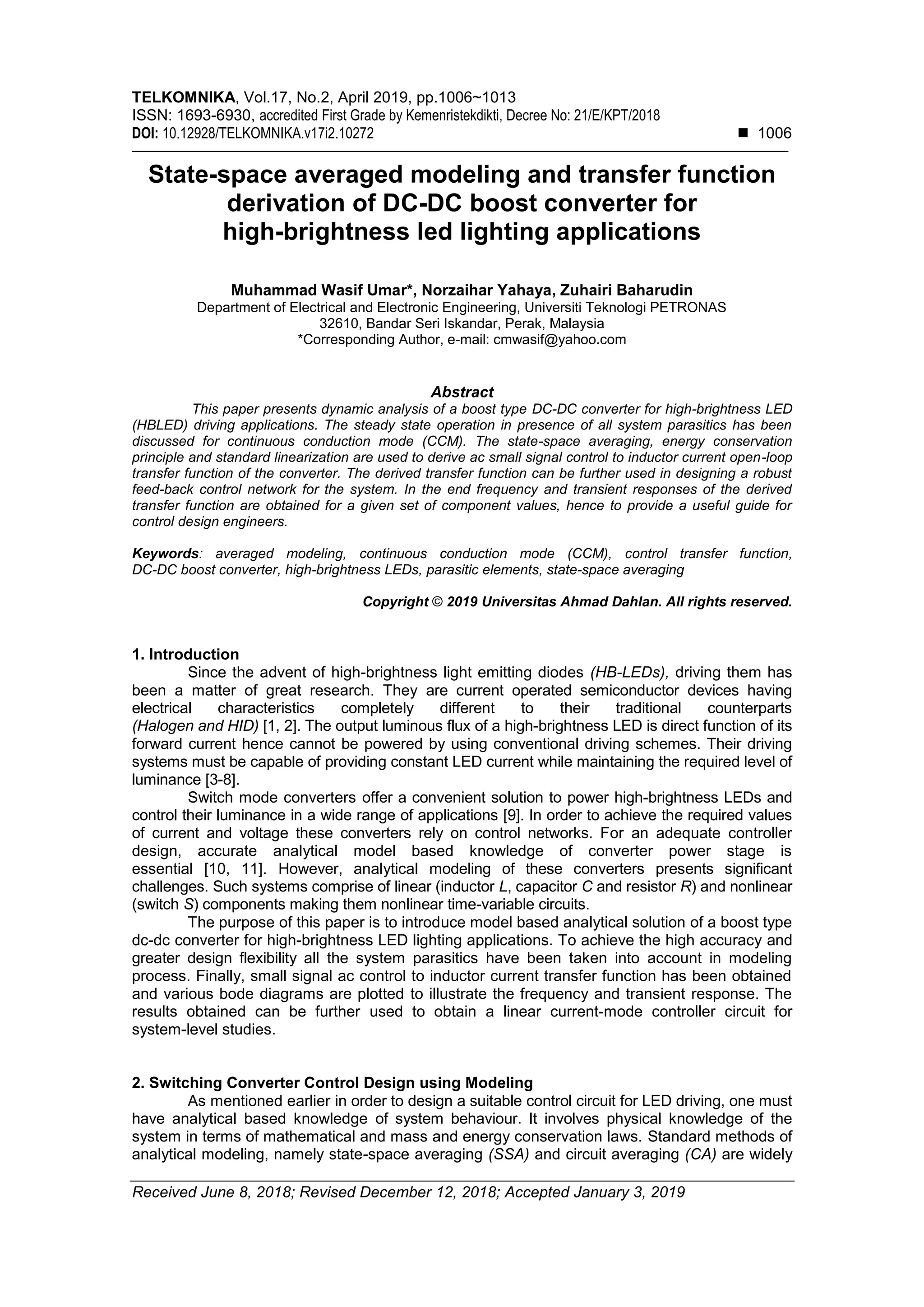 State-space averaged modeling and transfer function derivation of DC-DC boost converter for high ...