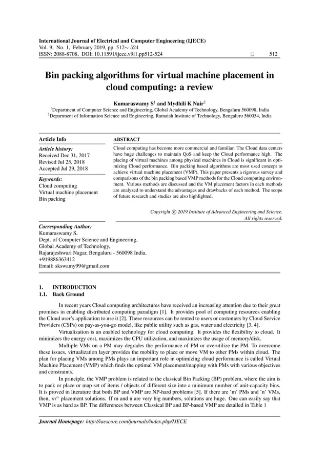 Bin packing algorithms for virtual machine placement in cloud computing: a review | PDF