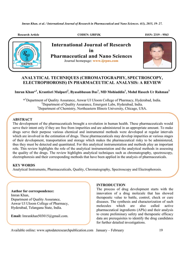ANALYTICAL TECHNIQUES (CHROMATOGRAPHY, SPECTROSCOPY, ELECTROPHOROSIS) IN PHARMACEUTICAL ANALYSIS ...
