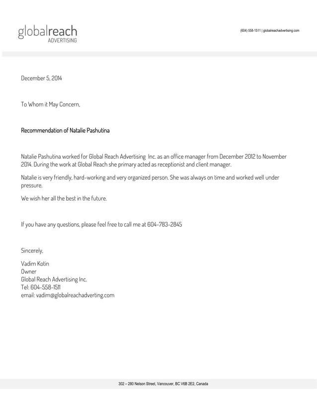 Recommendation Letter - Global Reach | PDF