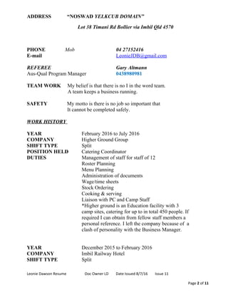 Leonie Dawson Buckley Resume 2016 | DOC