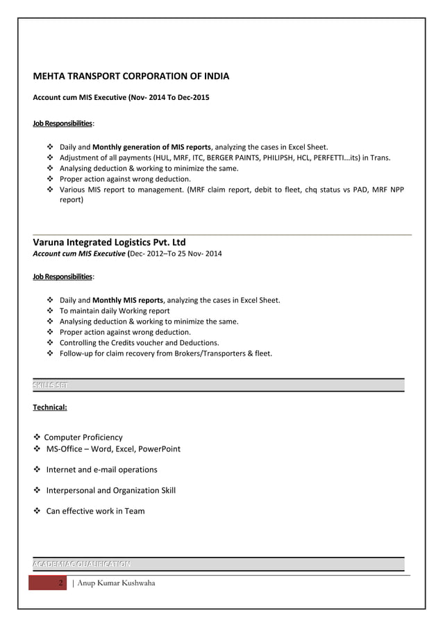 Resume for MIS Executive | DOC | Business Accounting & Finance | Business