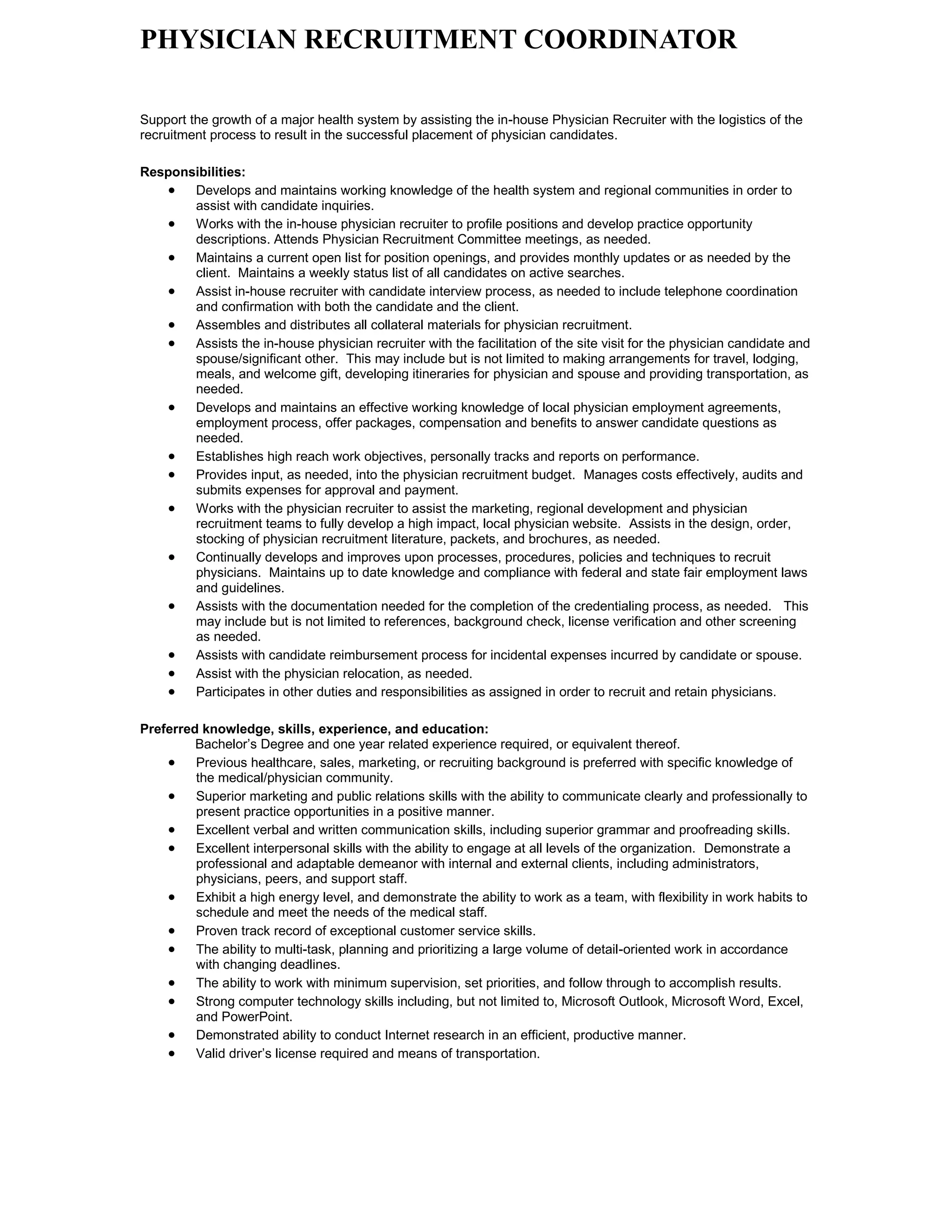 Job Description - Physician Recruitment Coordinator | PDF
