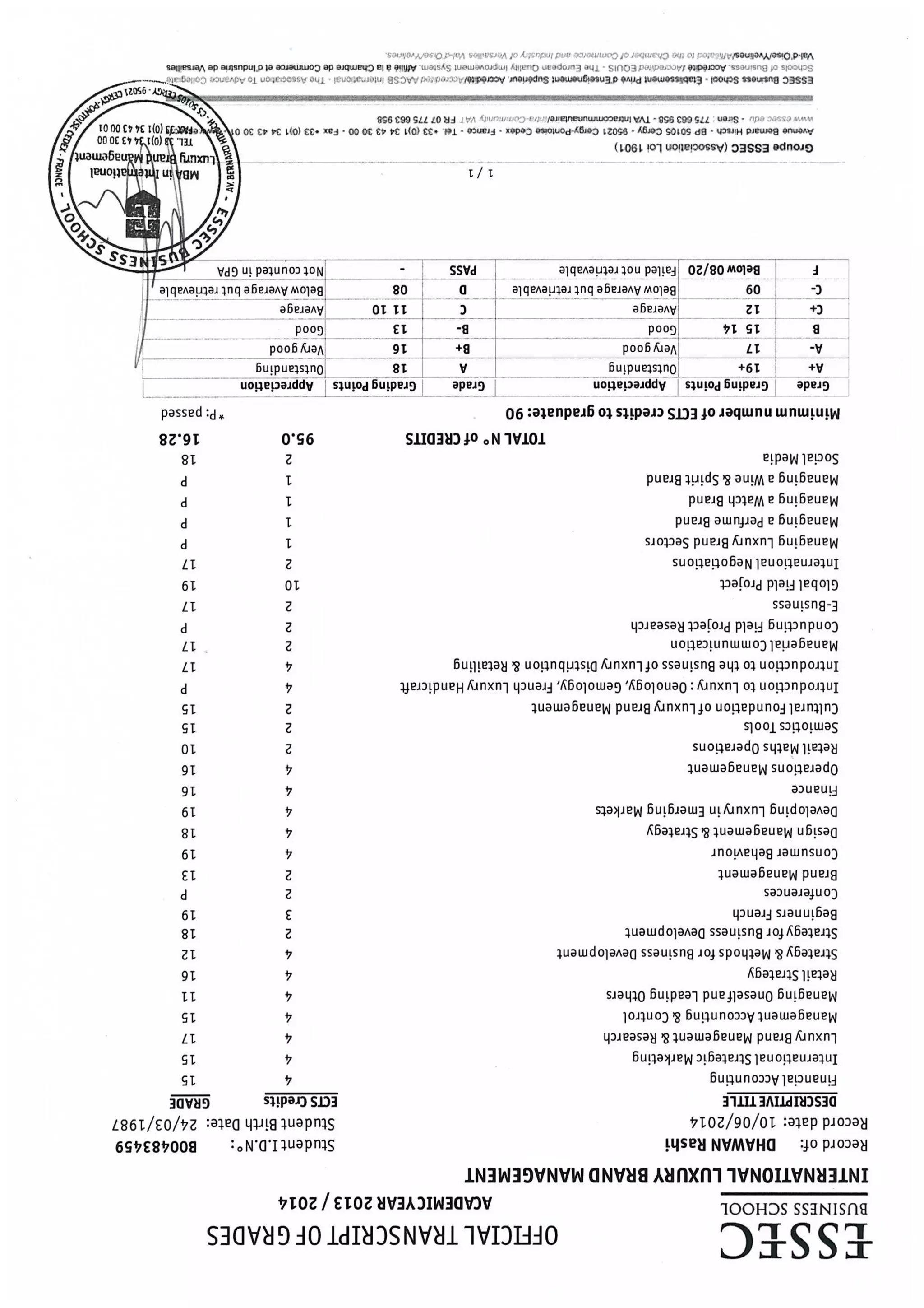 Rashi-Certificate&Transcript-ESSEC | PDF