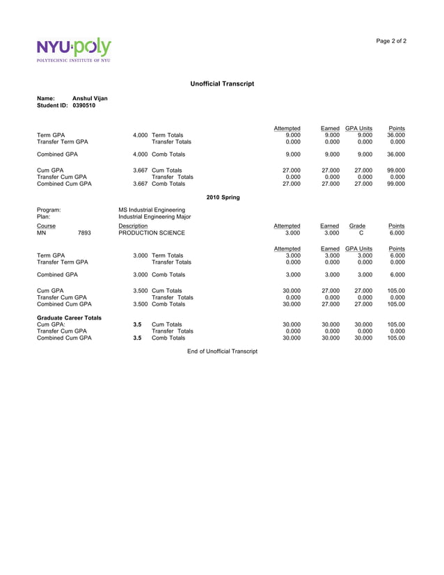 Nyu Transcript Pdf