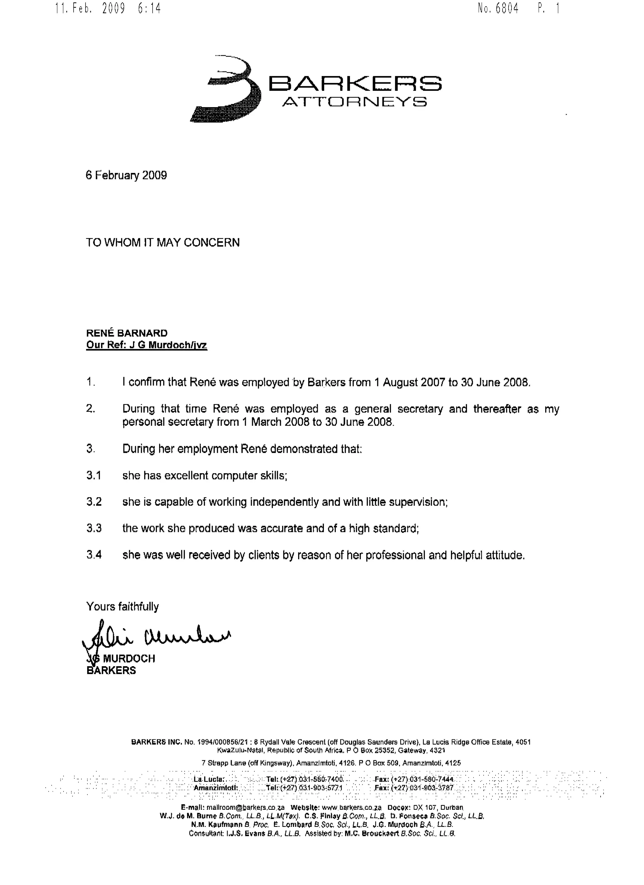 Barkers Attorney reference letter - 2009 | PDF