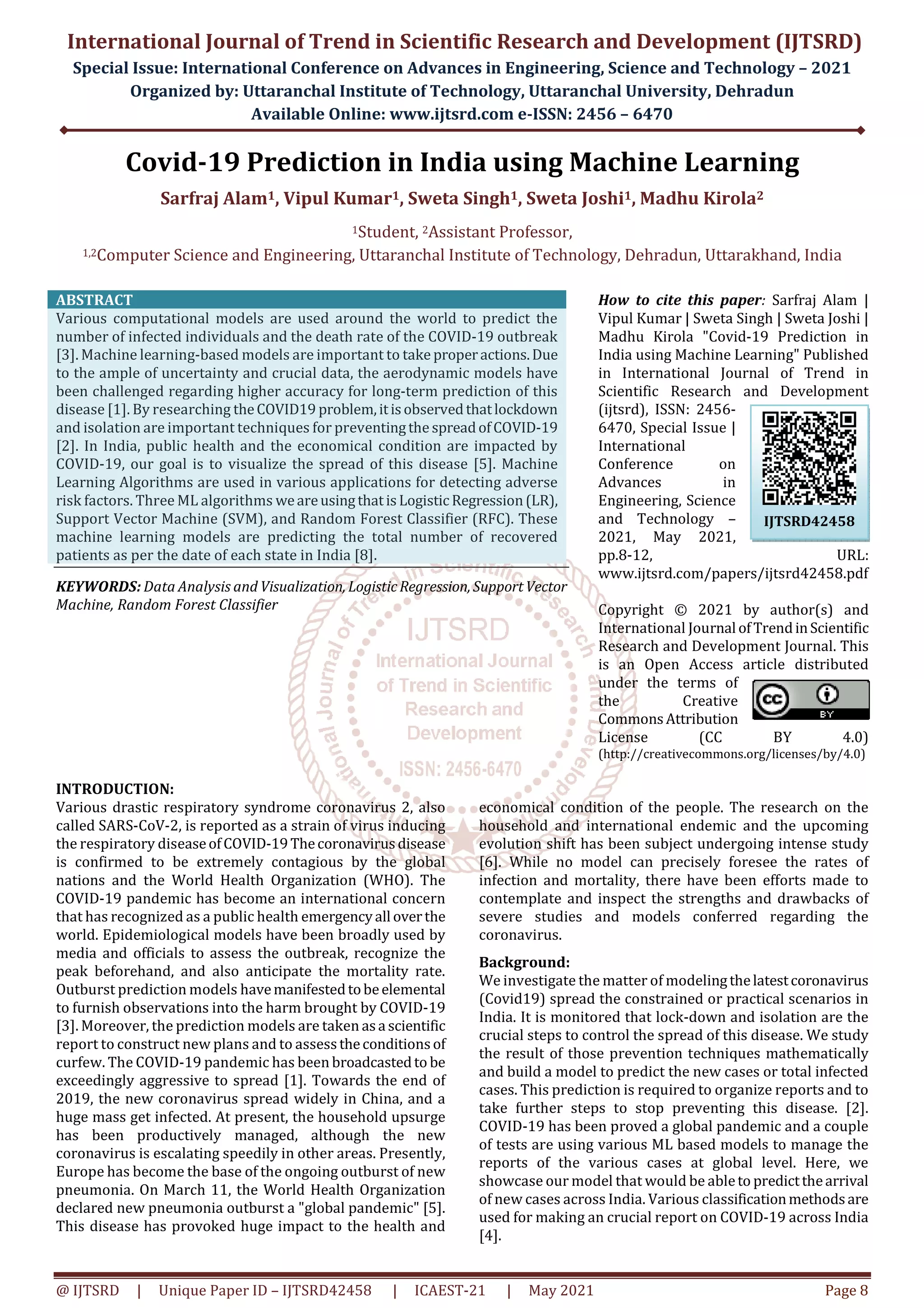 Covid 19 Prediction in India using Machine Learning | PDF