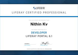 Nithin Kv - Liferay Inc - Training Certificate DPEPW9GGXI6PBVN | PPT