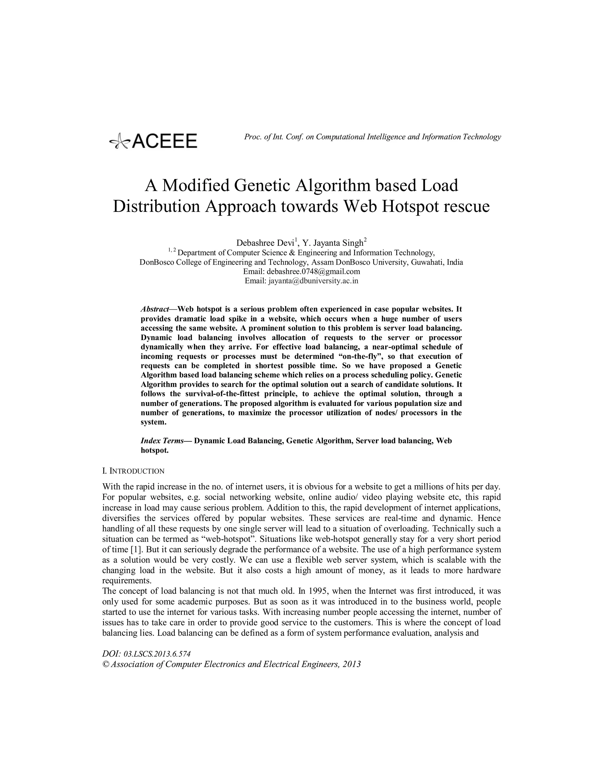 A Modified Genetic Algorithm based Load Distribution Approach towards Web Hotspot rescue | PDF