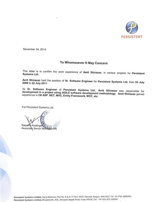 My Experience Letter - Persistent Systems Ltd | PDF