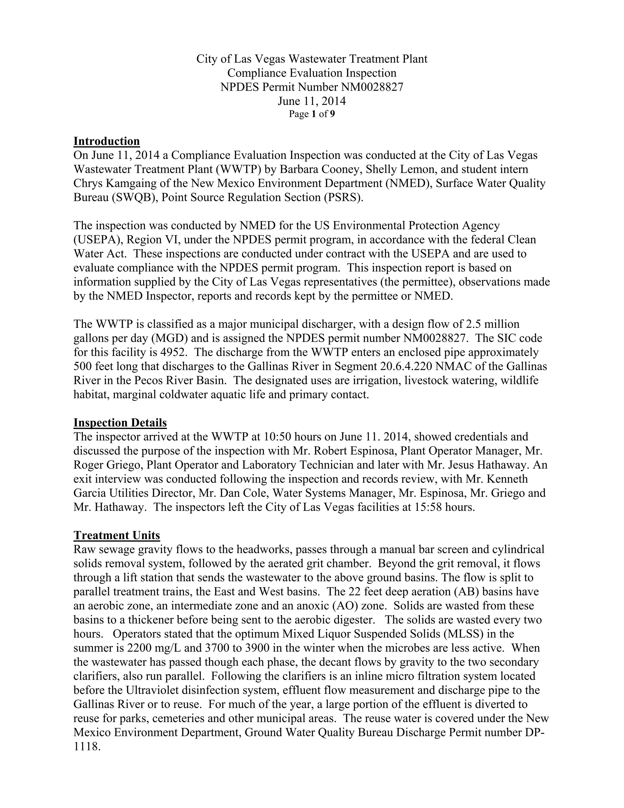 City of Las Vegas Wastewater Treatment Plant Inspection | PDF