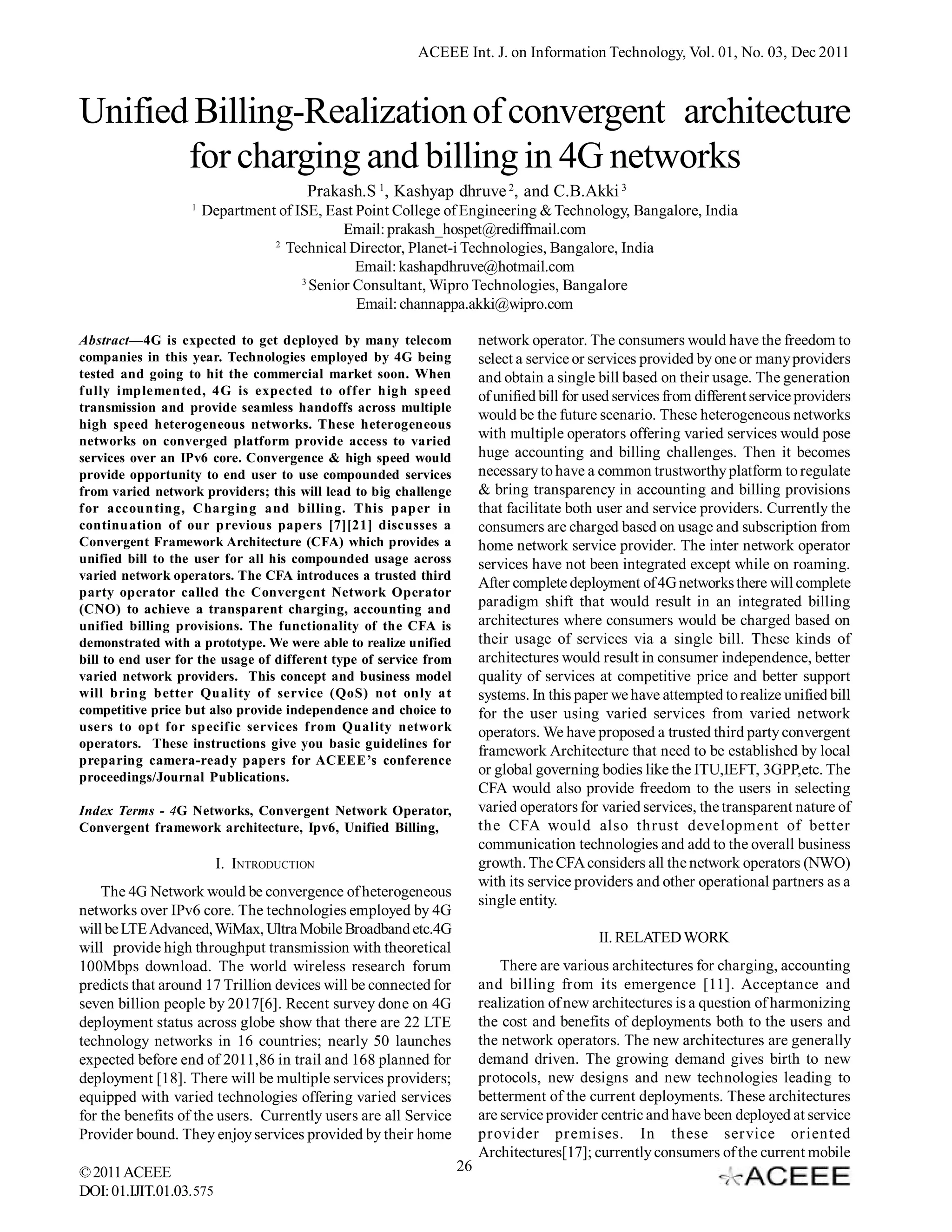 Unified Billing-Realization of convergent architecture for charging and billing in 4G networks | PDF