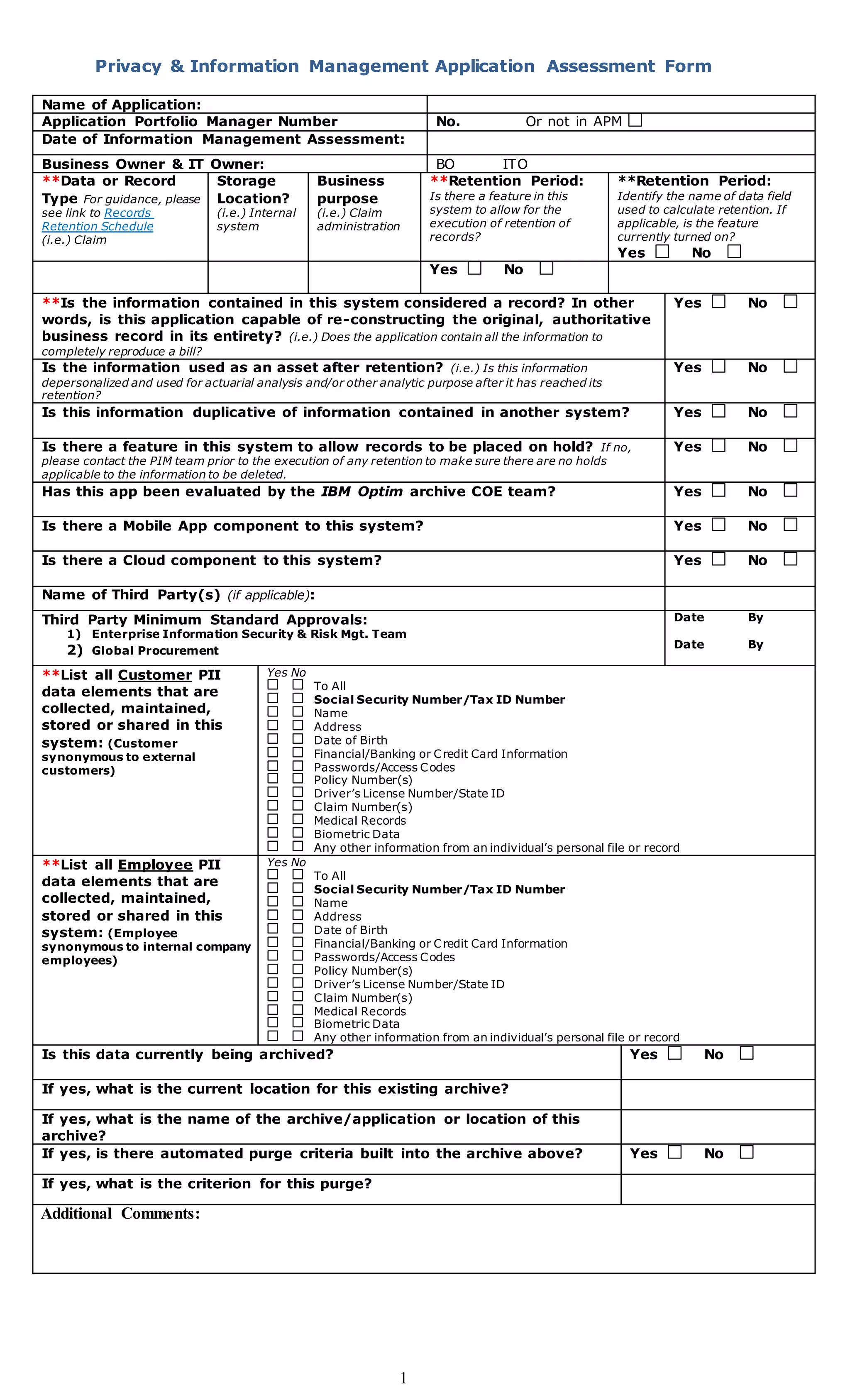 Structured Data Archiving Questionnaire Job Aid | DOCX