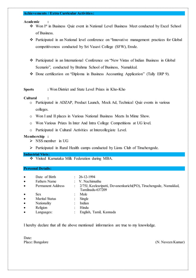 Naveen Kumar MBA Resume 1 | PDF