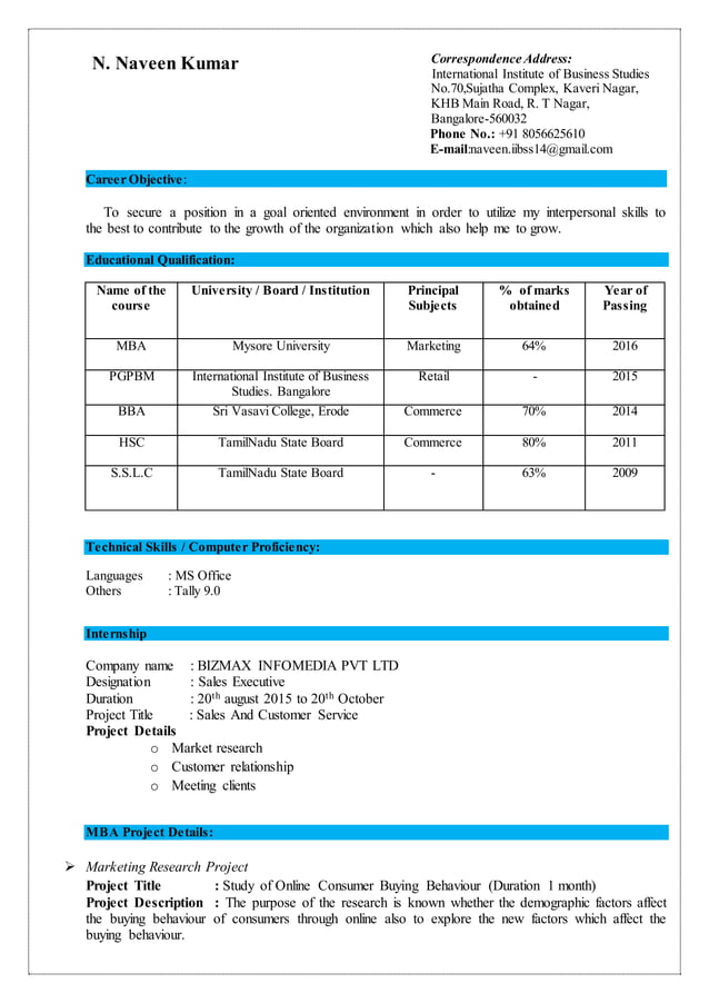 Naveen Kumar MBA Resume 1 | PDF