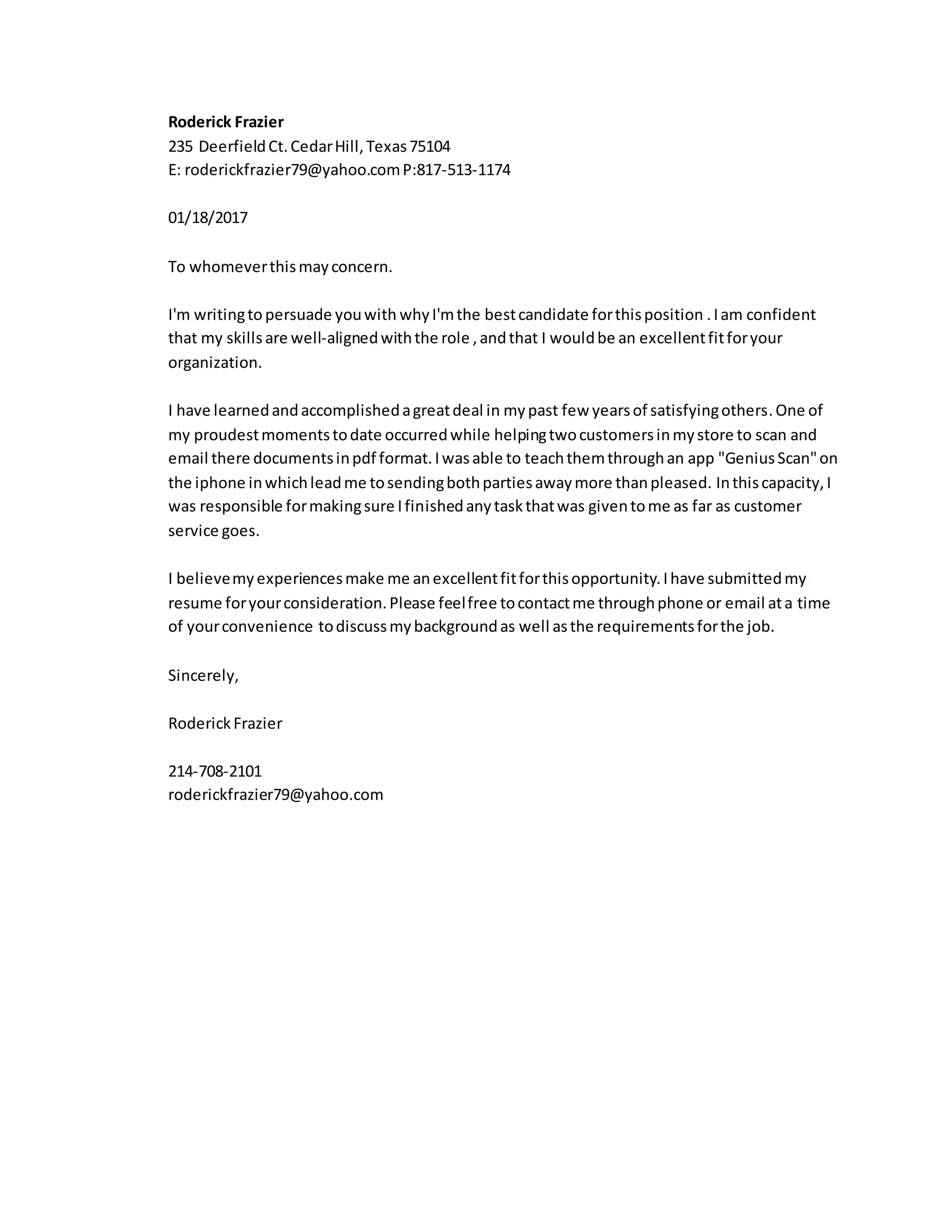 Roderick Frazier cover letter | PDF