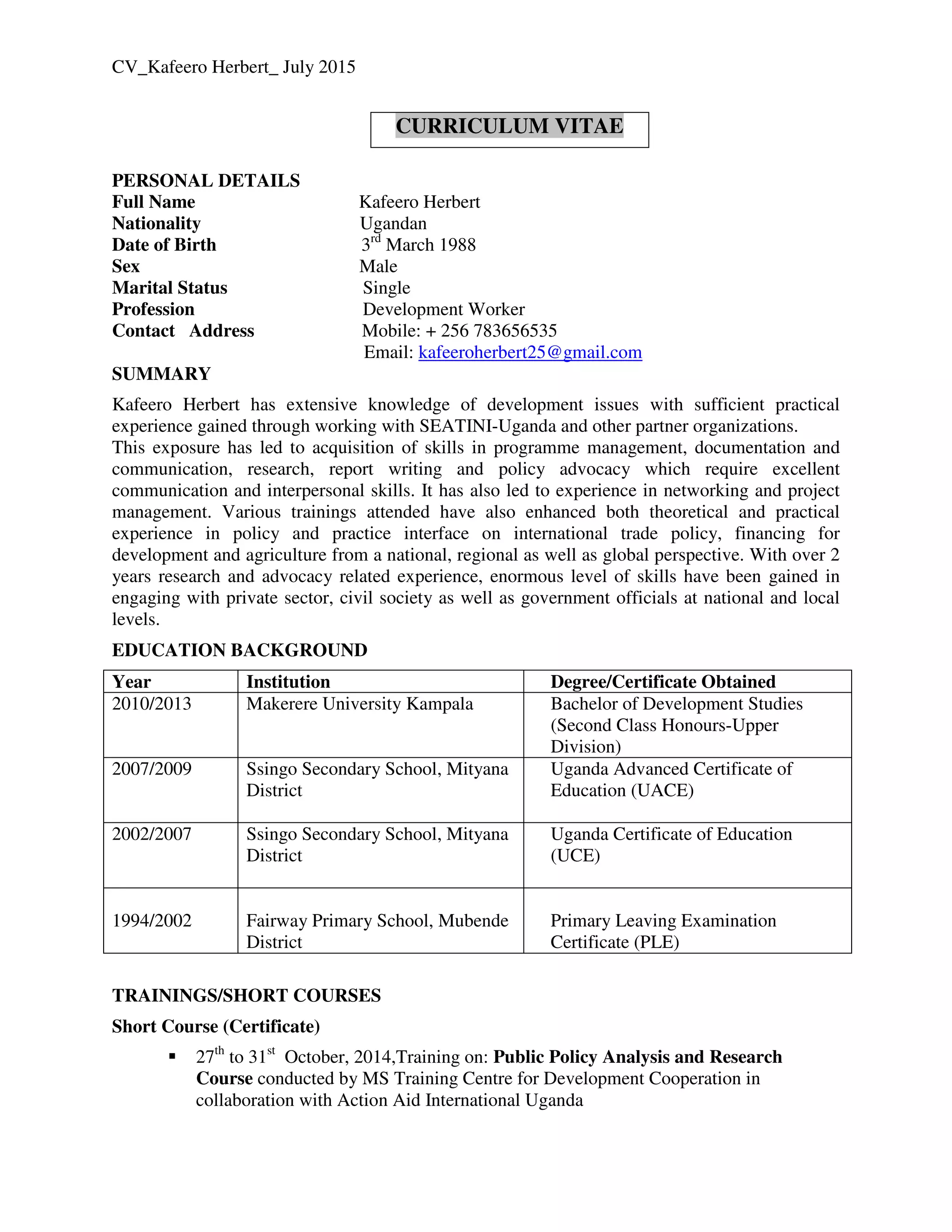 Curriculum Vitae-Kafeero Herbert | PDF