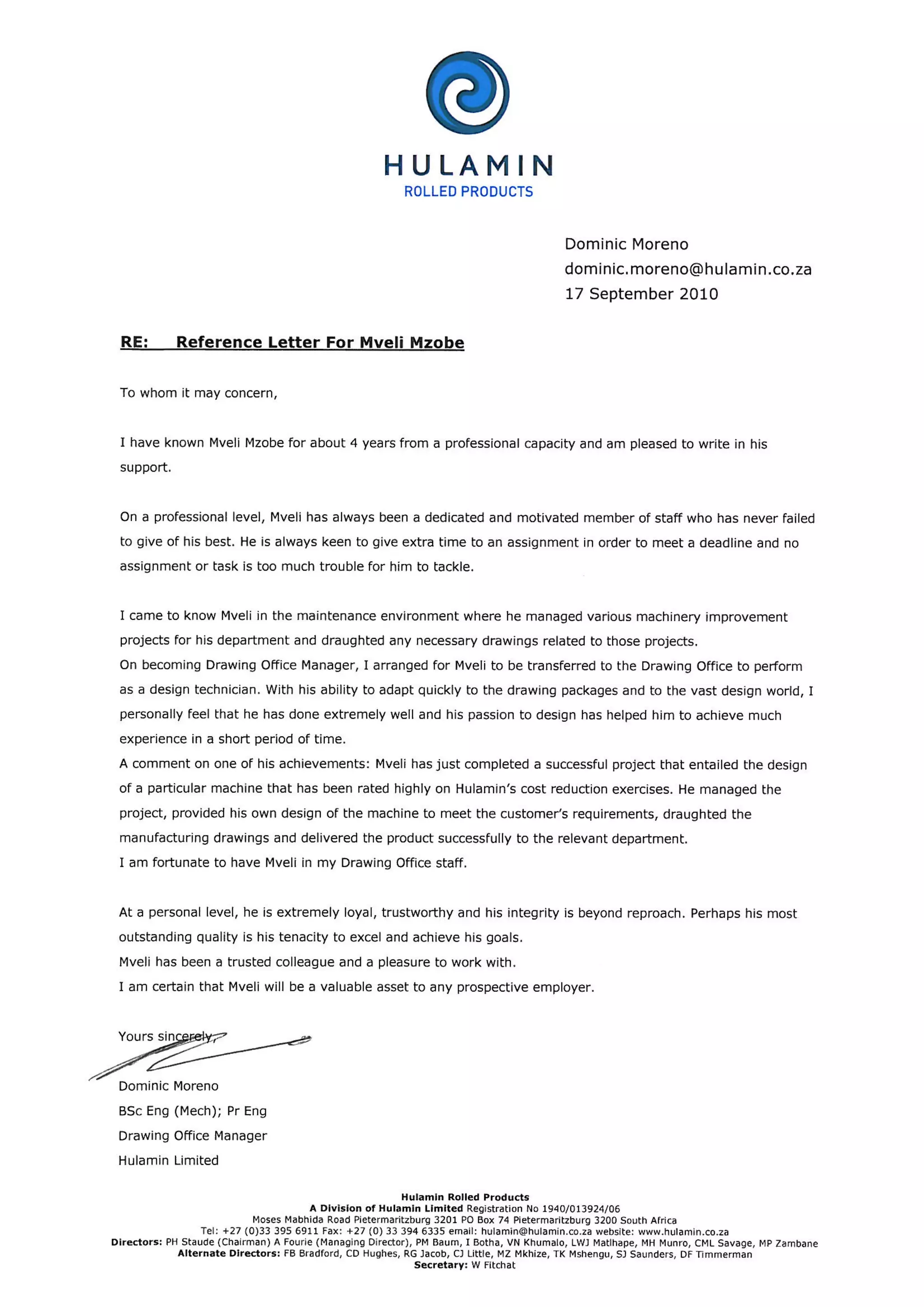 Reference Letter (Signed) - Mveli Mzobe | PDF