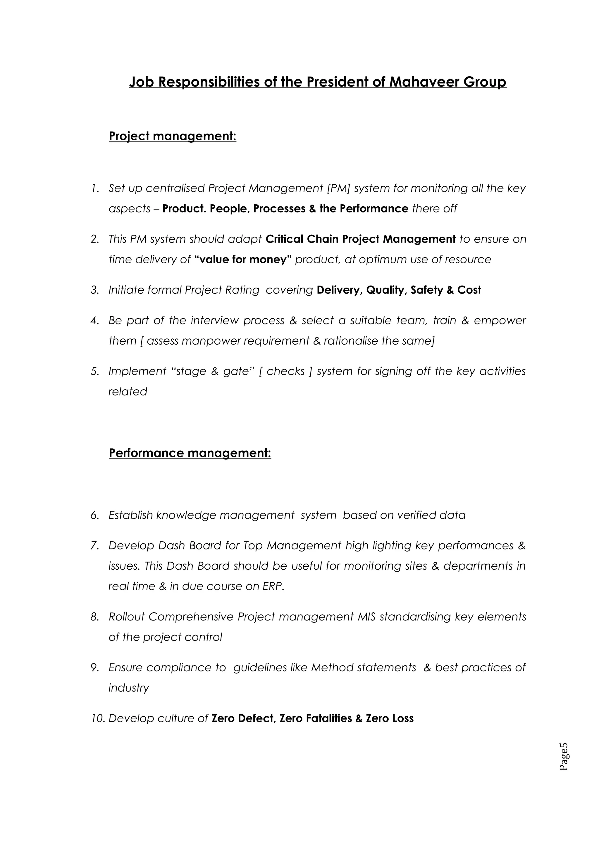 Job Responsibilities of the President of Mahaveer Group | DOC