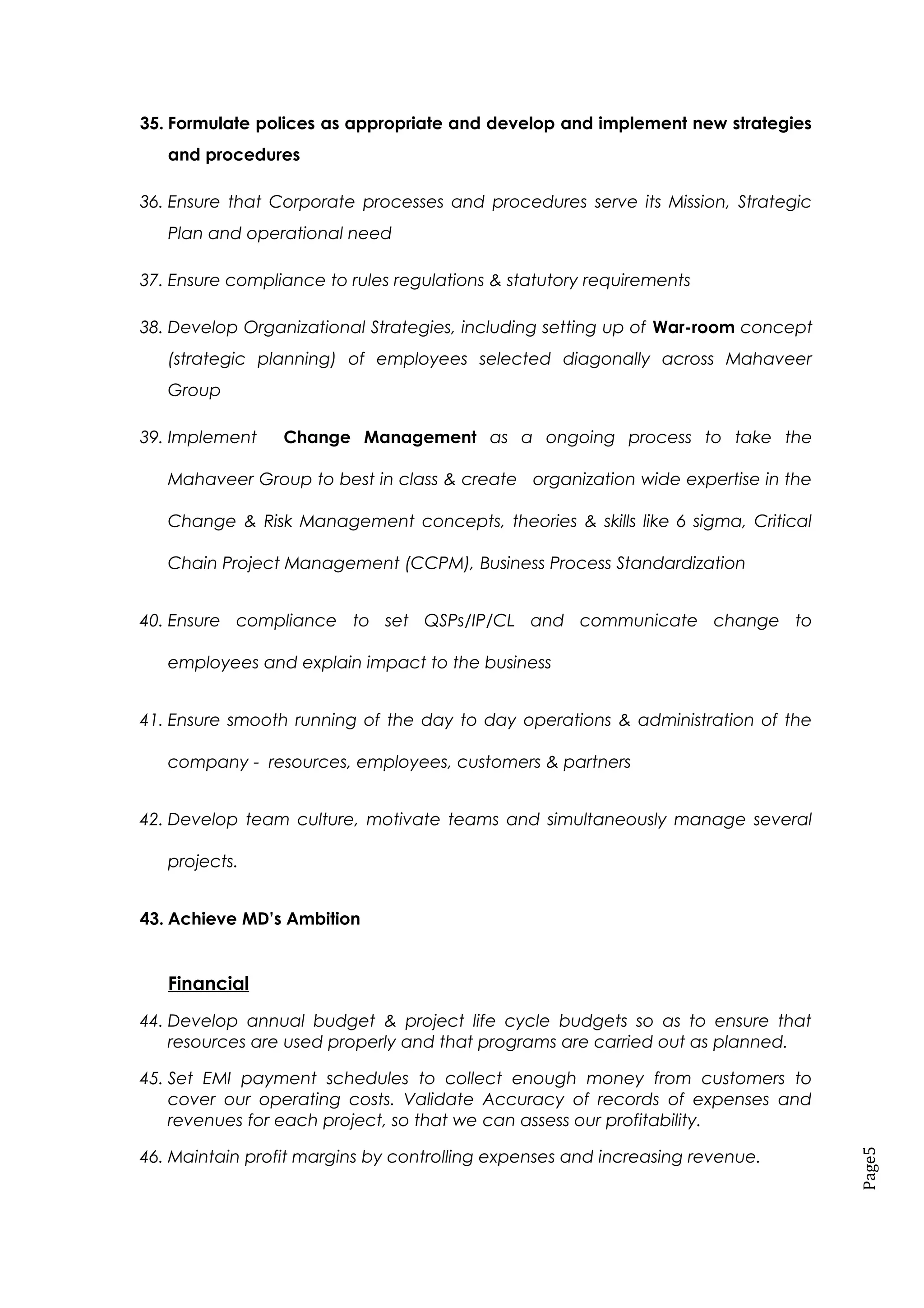 Job Responsibilities of the President of Mahaveer Group | DOC