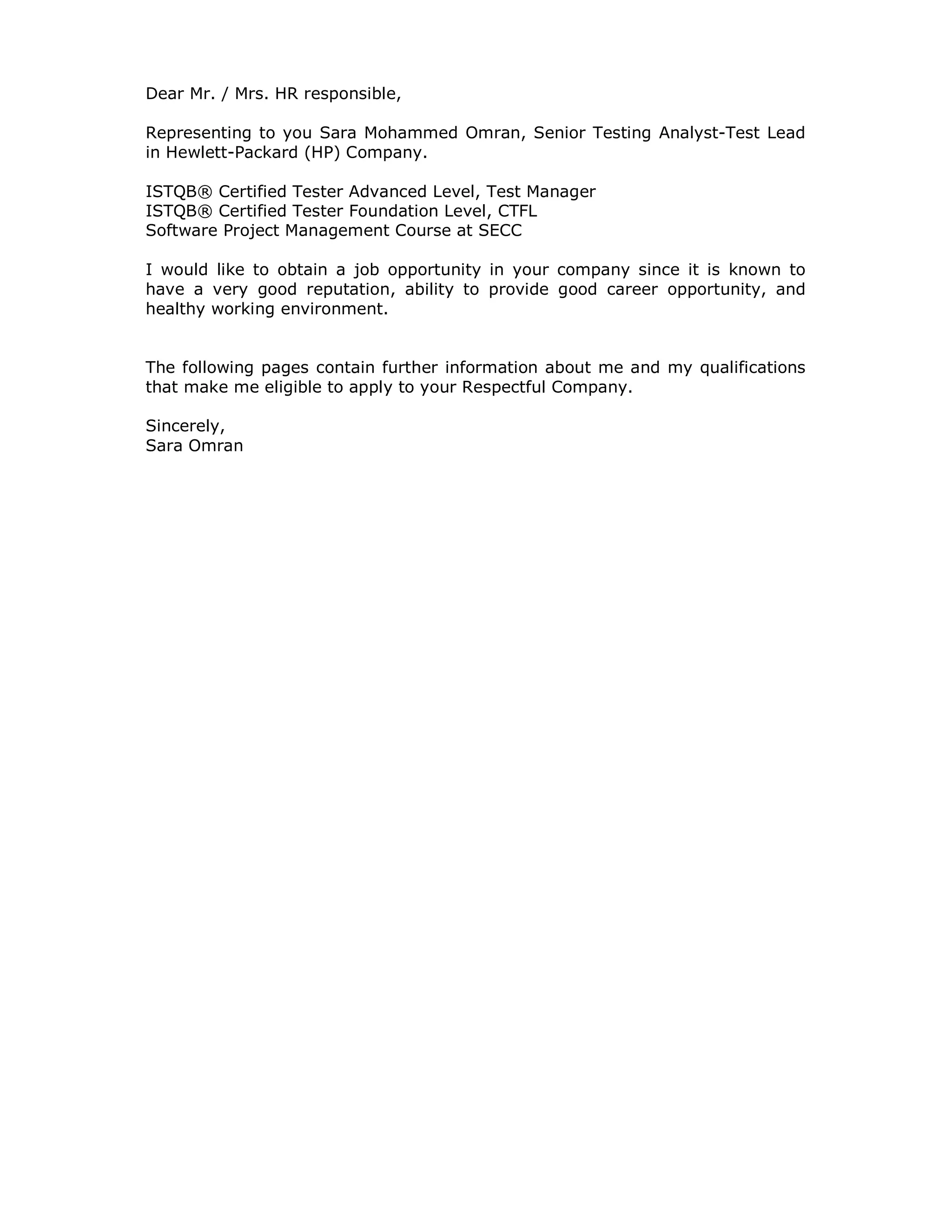 Sara Omran's CV August2015_Senior Testing Analyst-Test Lead | PDF