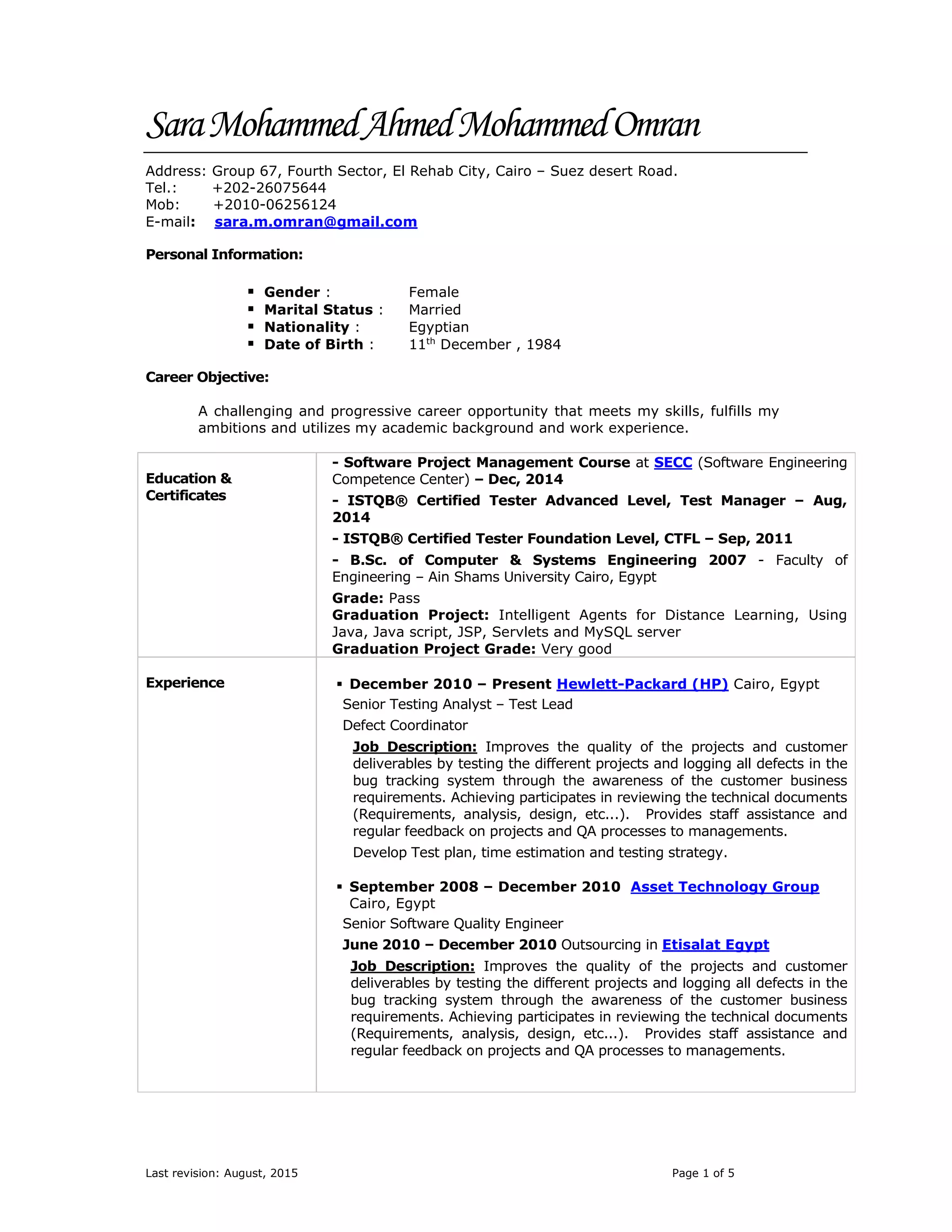 Sara Omran's CV August2015_Senior Testing Analyst-Test Lead | PDF