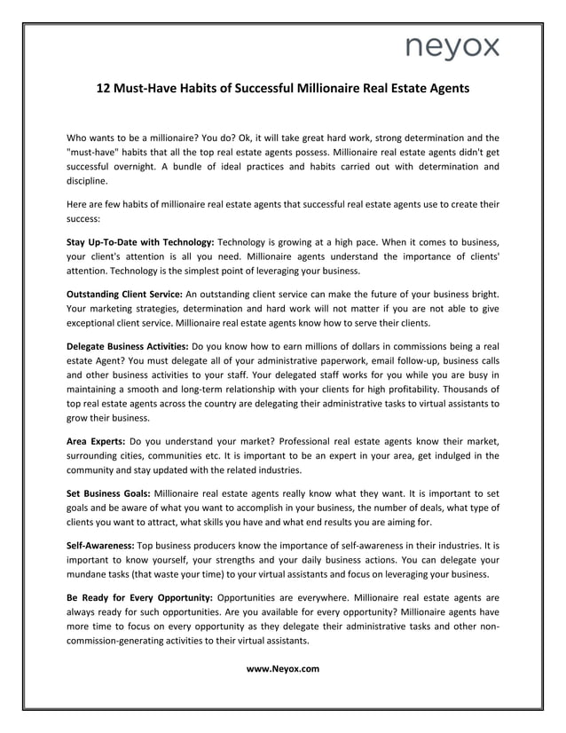 12 Must Have Habits Of Successful Millionaire Real Estate Agents Pdf