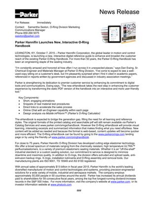 Parker O-Ring eHandbook News Release - Samantha Sexton | PDF