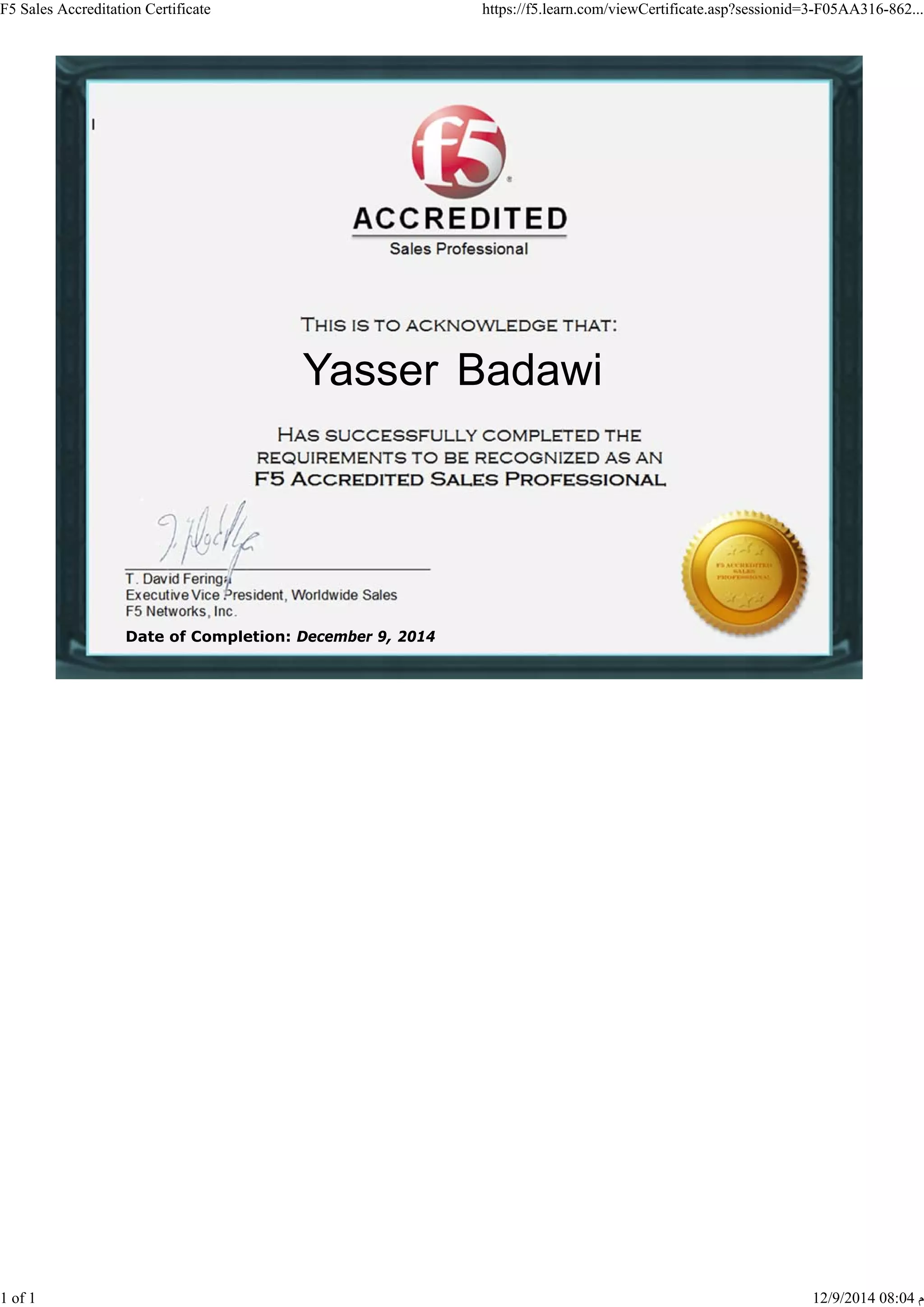 F5 Sales Accreditation Certificate | PDF