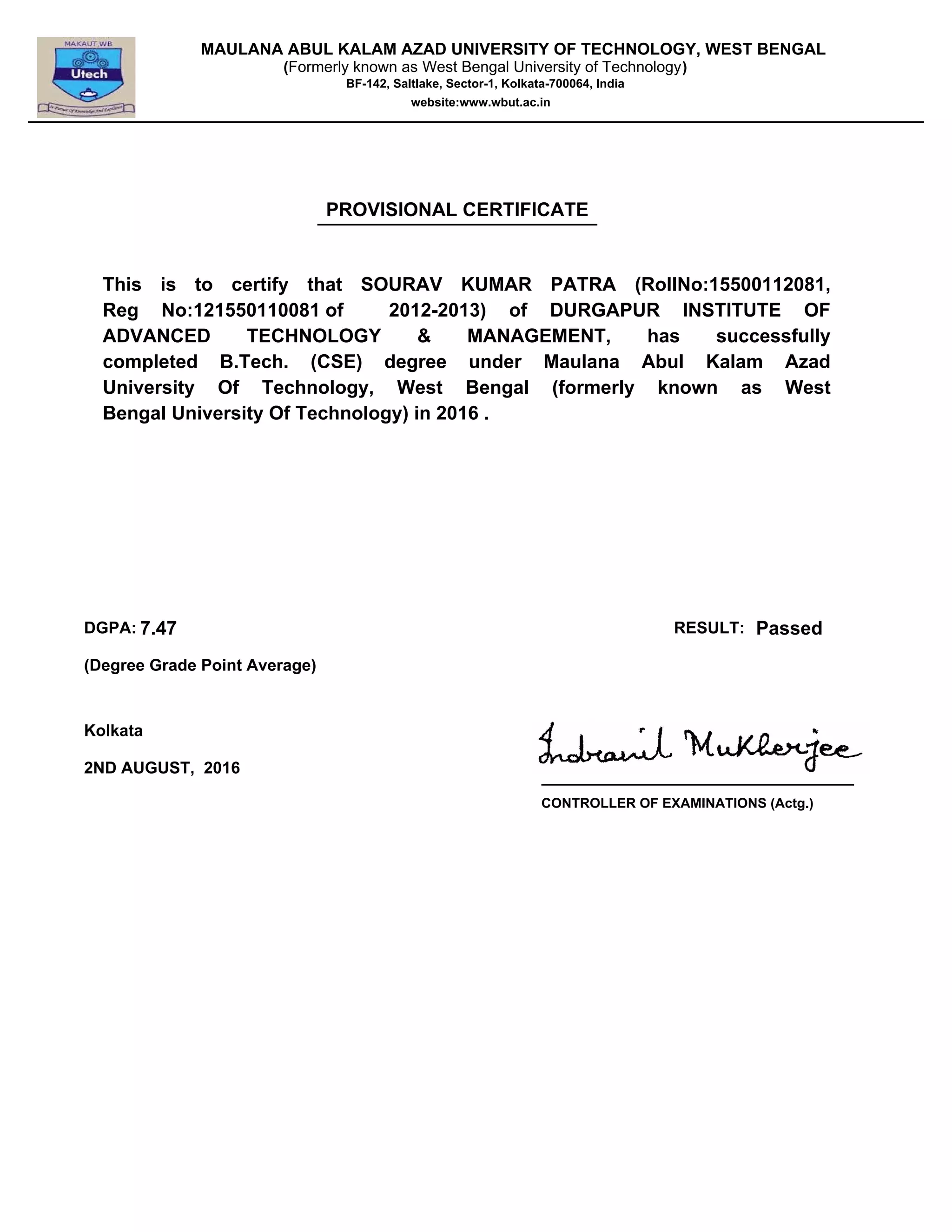 B.Tech ProvisionalCertificate | PDF