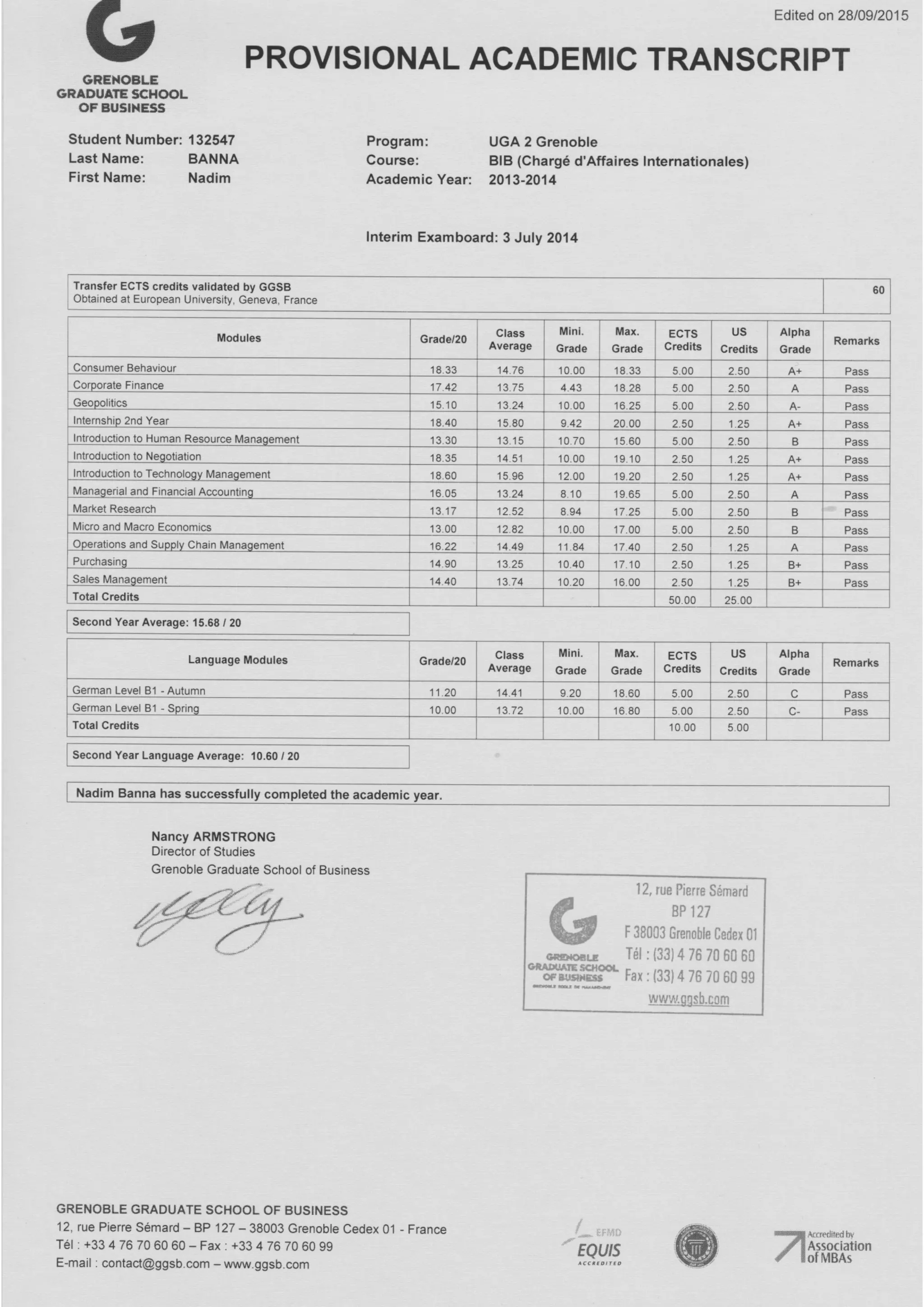 Grenoble 2nd Year Transcript Pdf