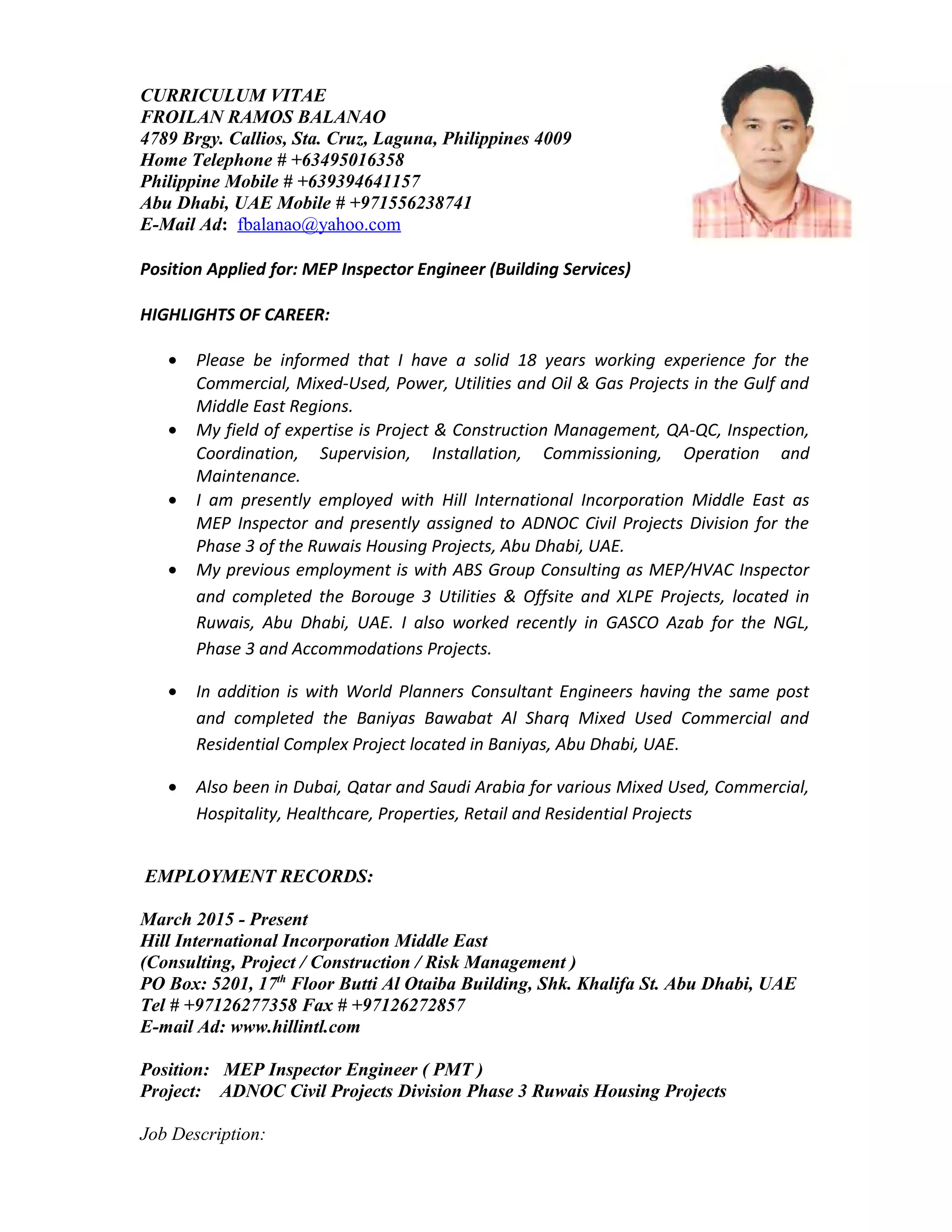 CV - MEP Inspector Engineer Froilan Ramos Balanao | DOC