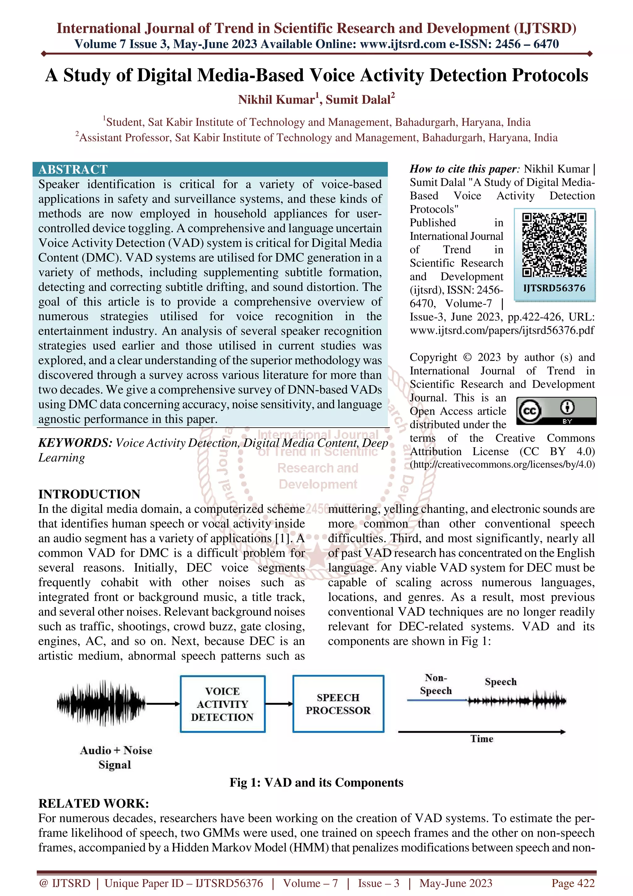 A Study of Digital Media Based Voice Activity Detection Protocols | PDF